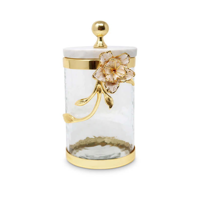 Winston Porter Hammered Glass Canister with White Enamel and Gold ...