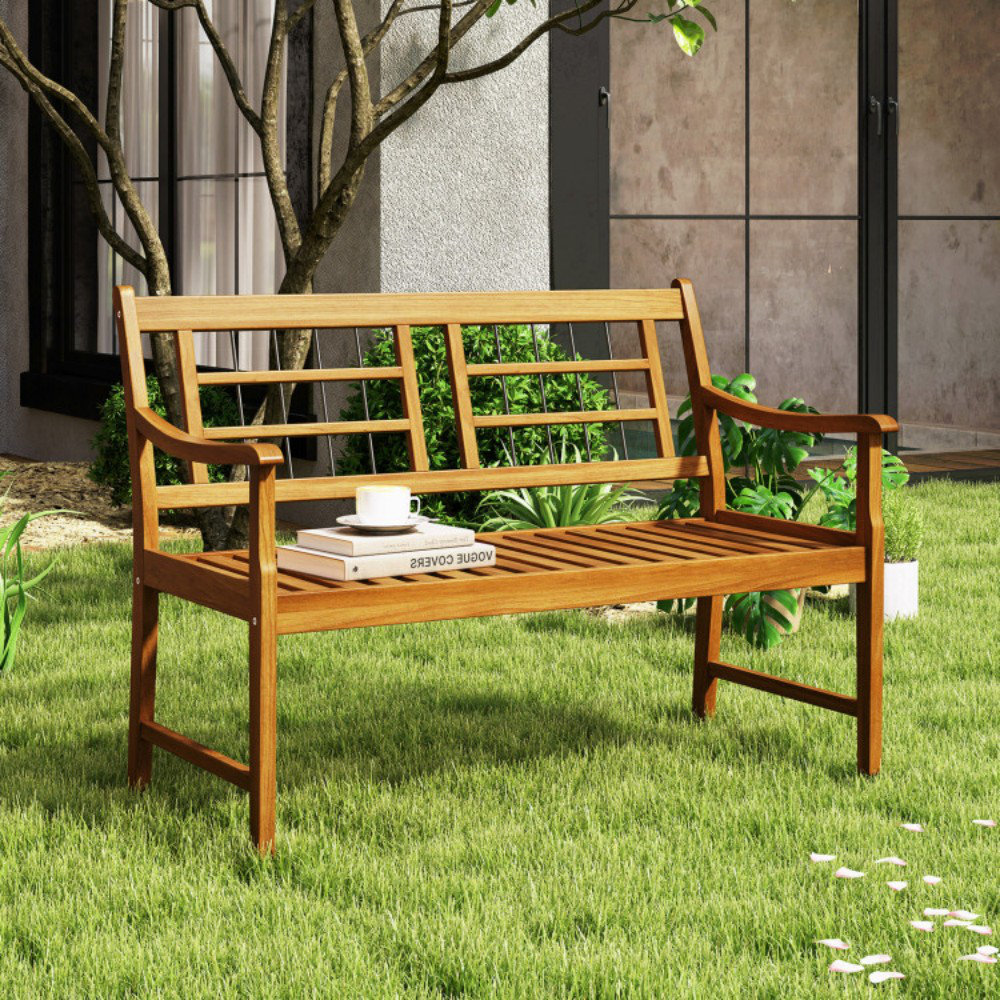 Lark Manor Patio Acacia Wood Bench With Curved Armrests Slatted Seat ...