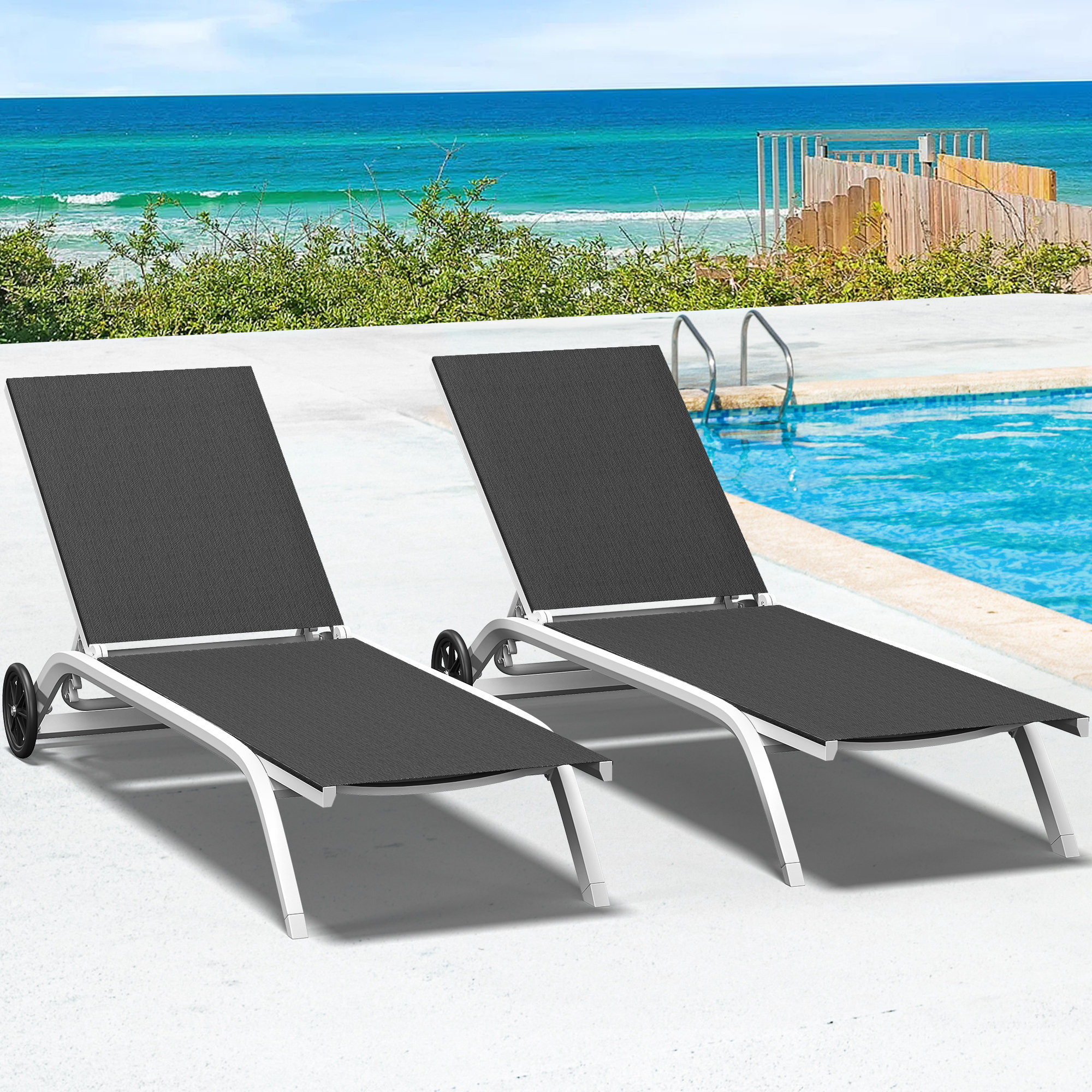 Ebern Designs 63.6" Long Reclining Chaise Lounge with Wheels (Set of 2 ...