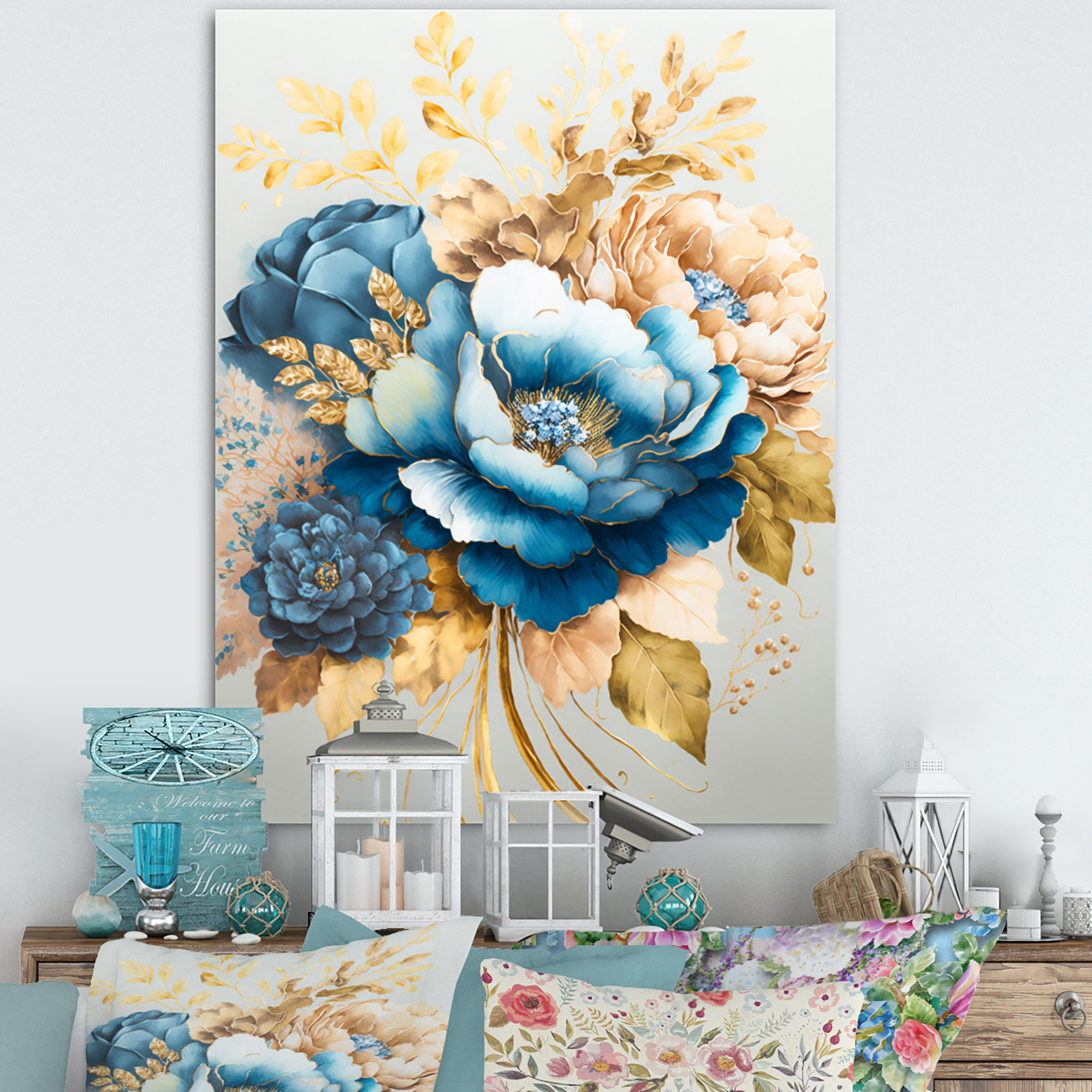 House of Hampton® Renay Golden Blue Flower Arrangement II - Print on ...
