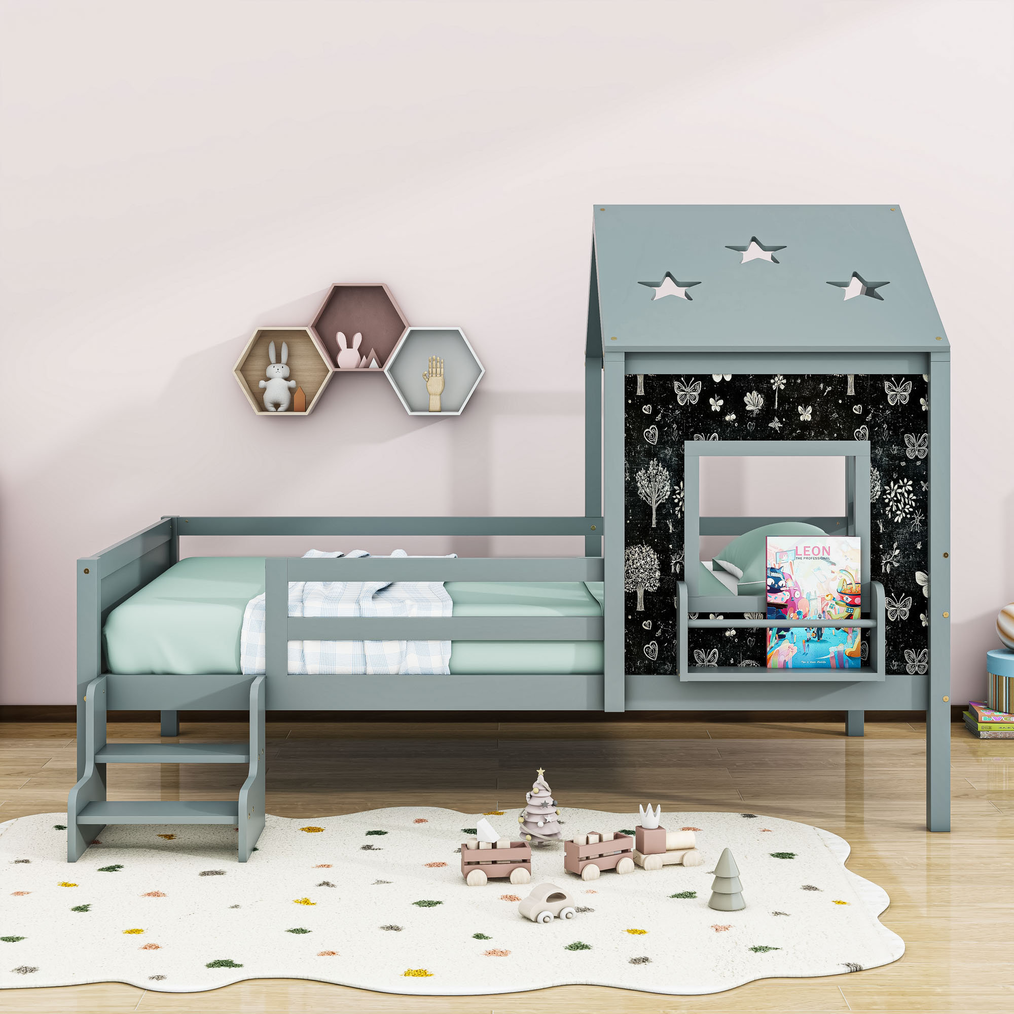 Harriet Bee Wood House Bed With Low-Profile Stairs, Blackboard And ...