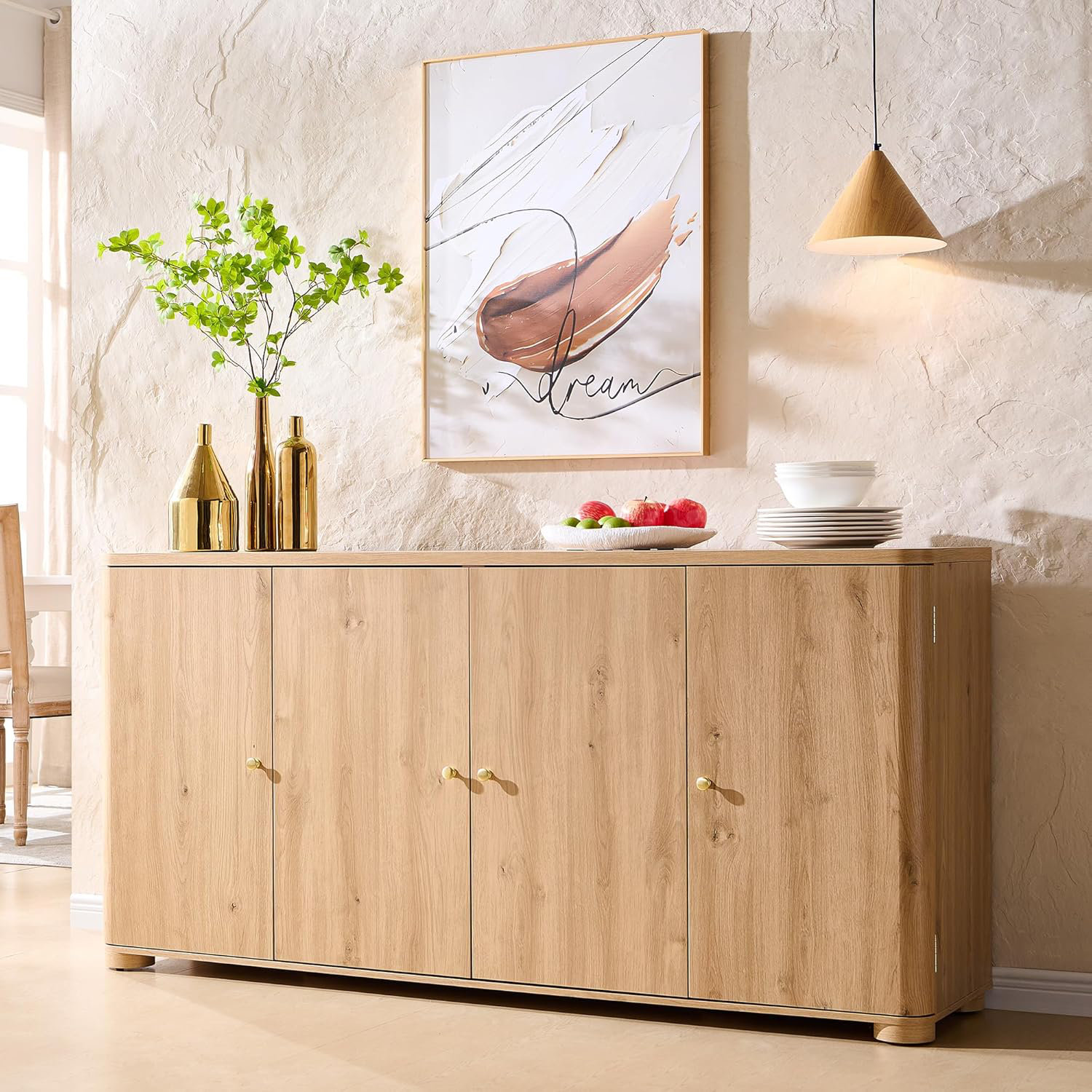 Ebern Designs 66" Natural Modern Curved Buffet Sideboard - 4 Doors ...