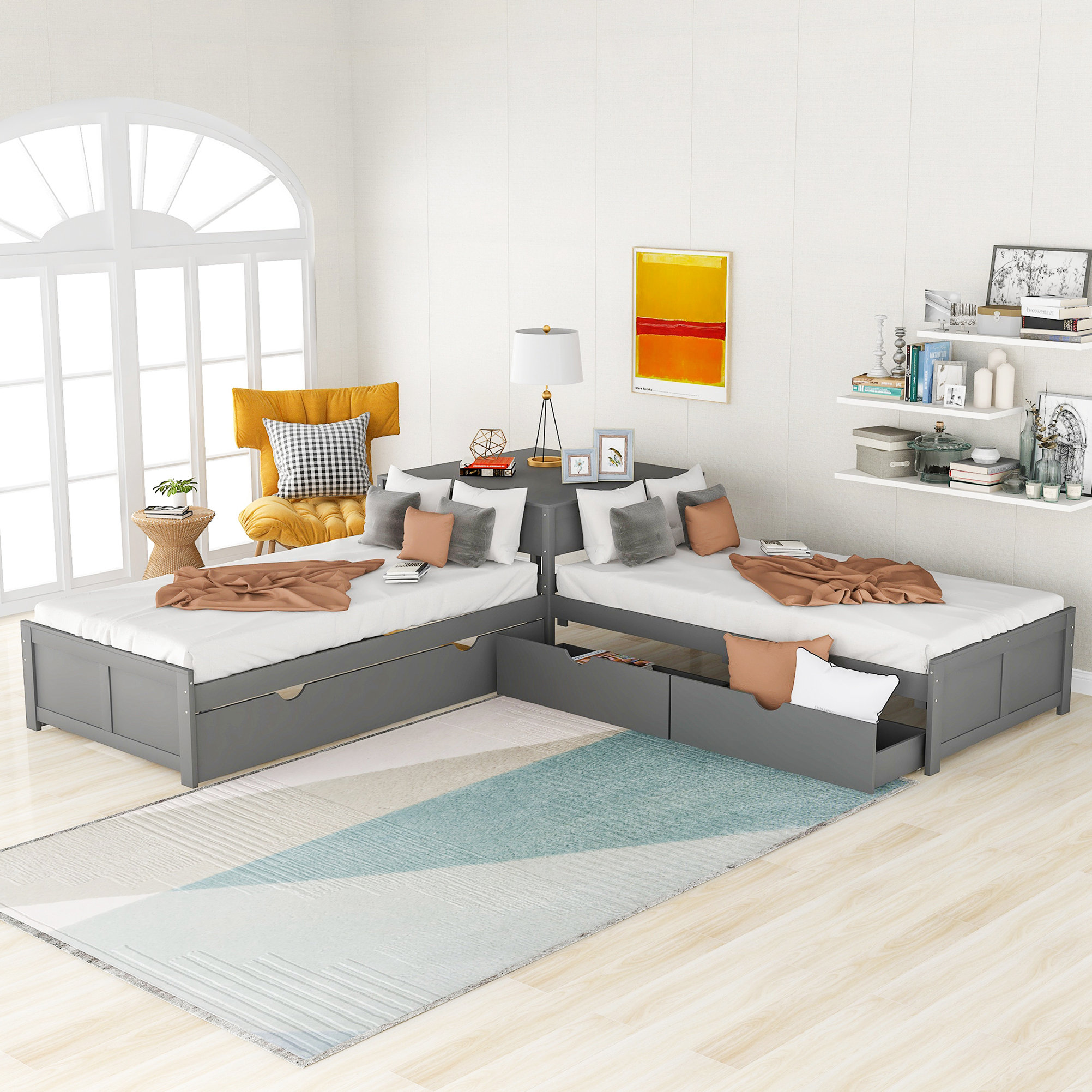 ROOM FULL L-Shaped Platform Bed With Trundle And 2 Drawers Linked With ...
