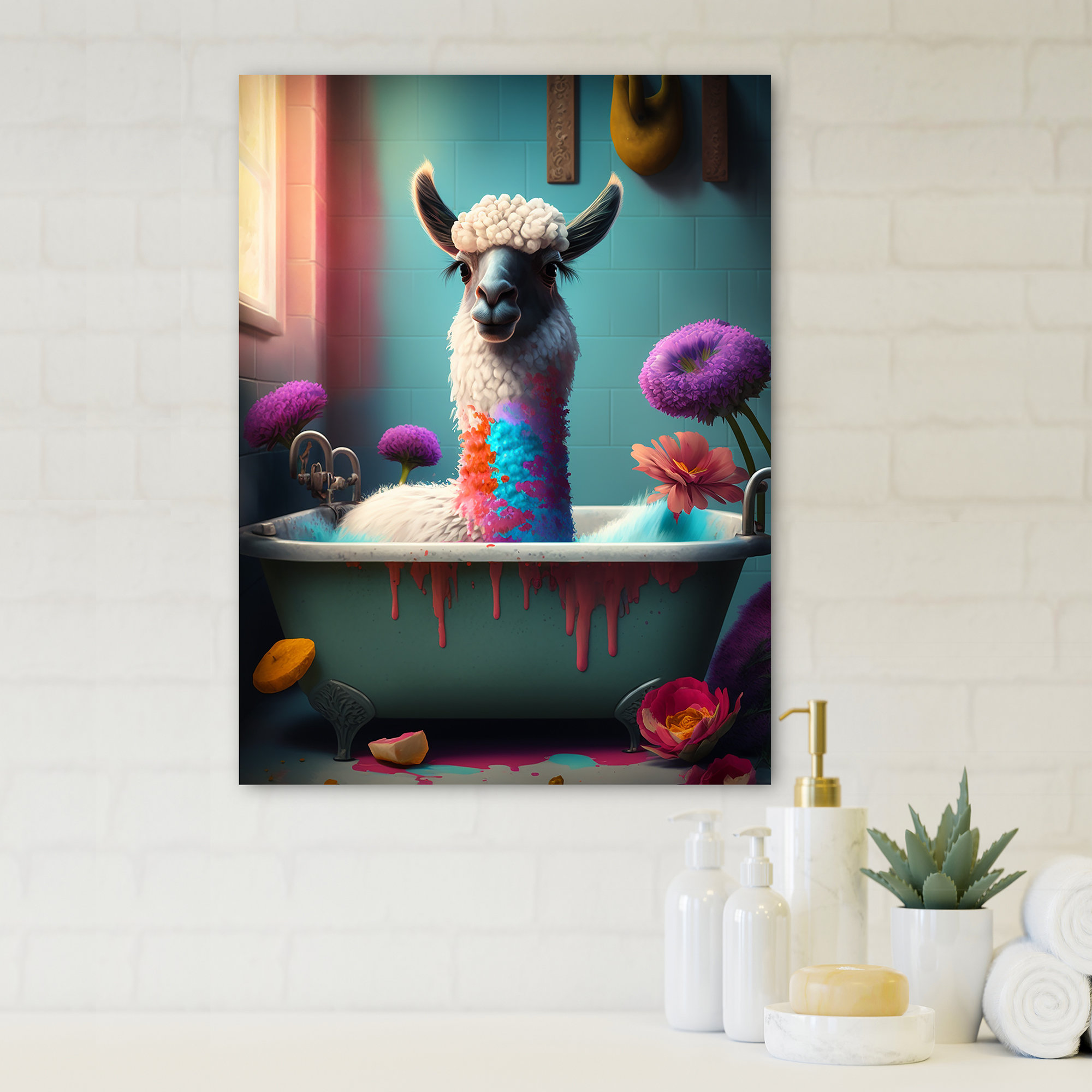 Trinx Floral Llama Taking A Bath - Animals Canvas Wall Art - Wayfair Canada