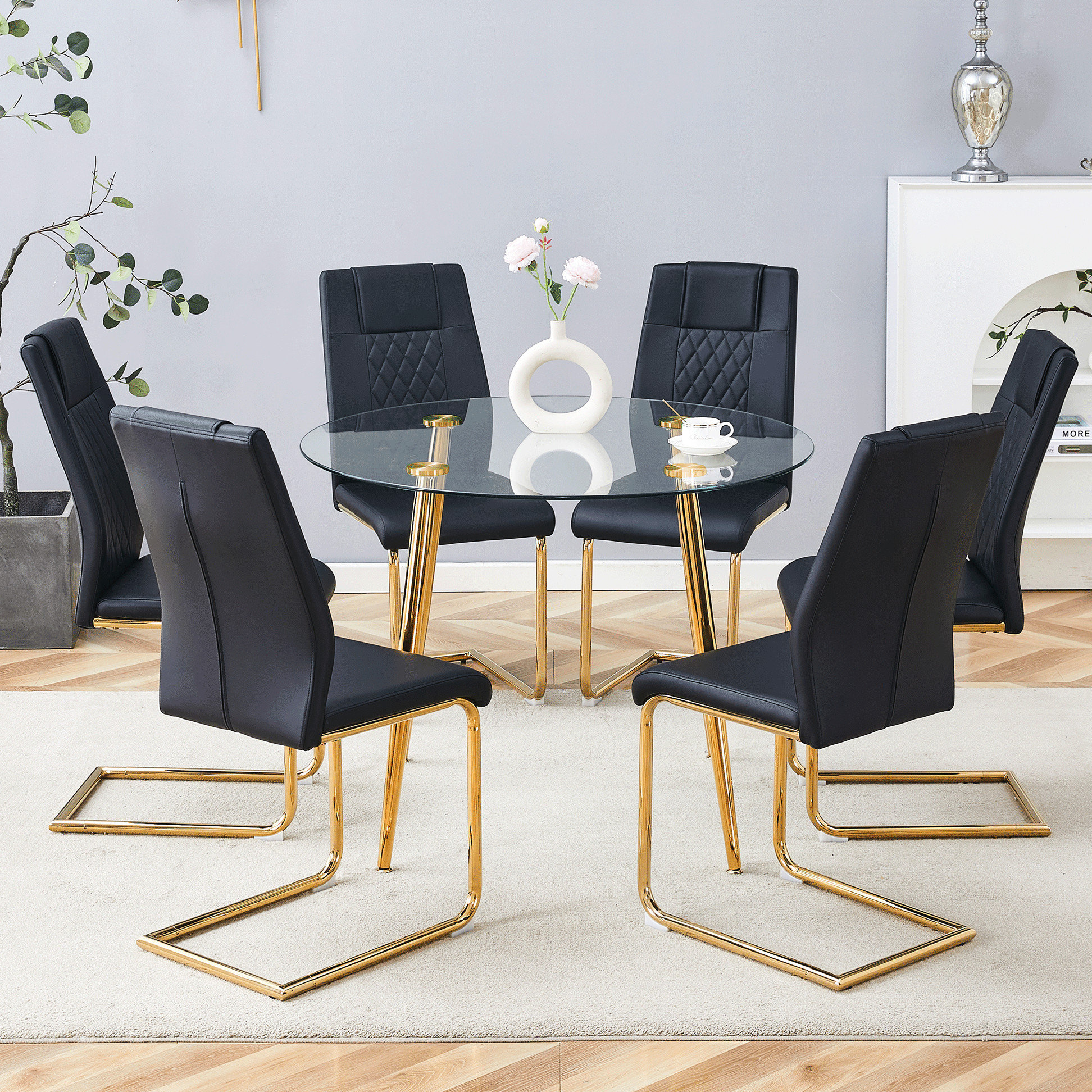 Mercer41 Round Tempered Glass Dining Table With Gold Legs & 6 ...