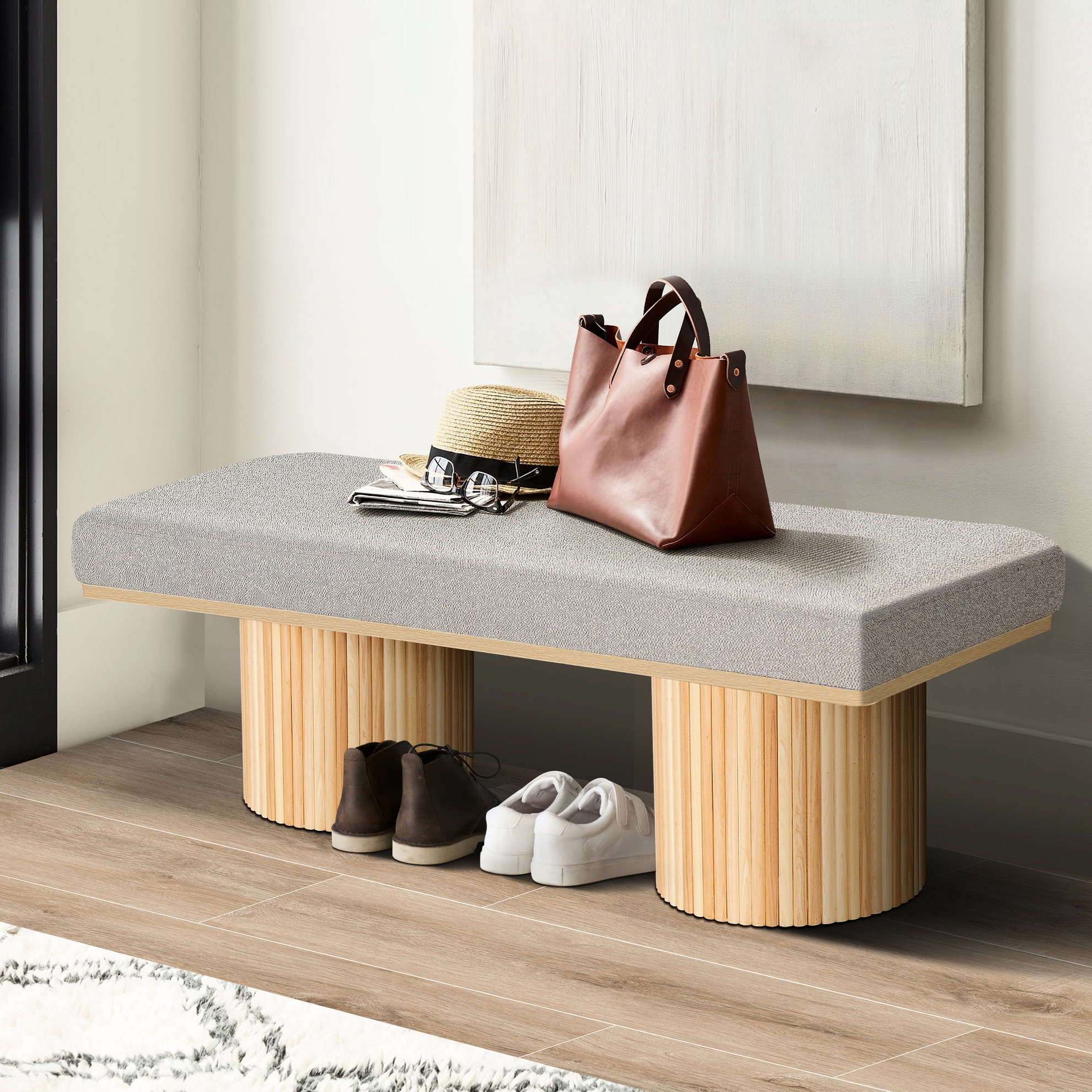 Lark Manor™ Upholstered Bench With Grey Boucle Cover And Chunky Legs ...