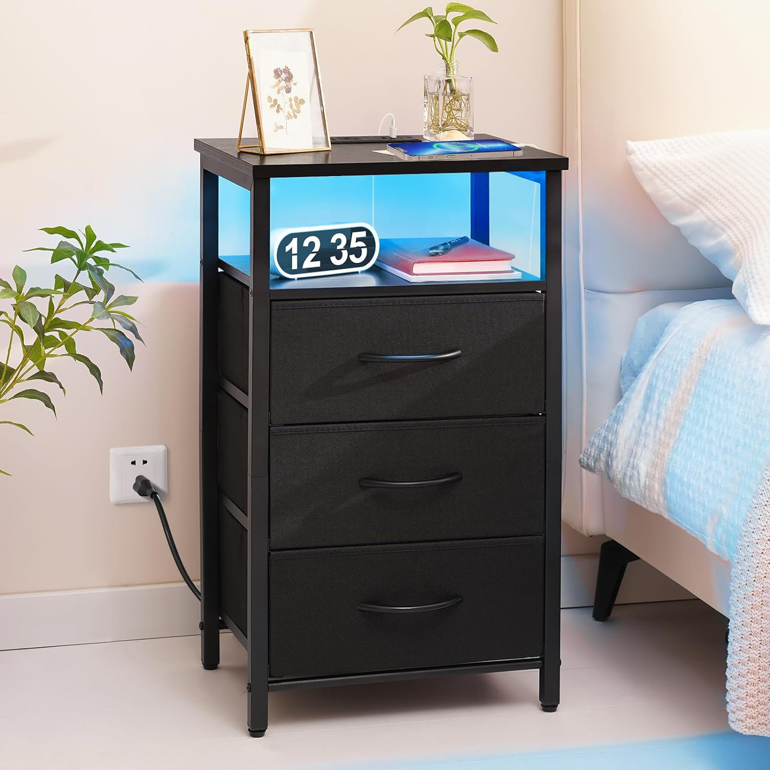 17 Stories Night Stand with Charging Station, 16 Colors LED Nightstand ...