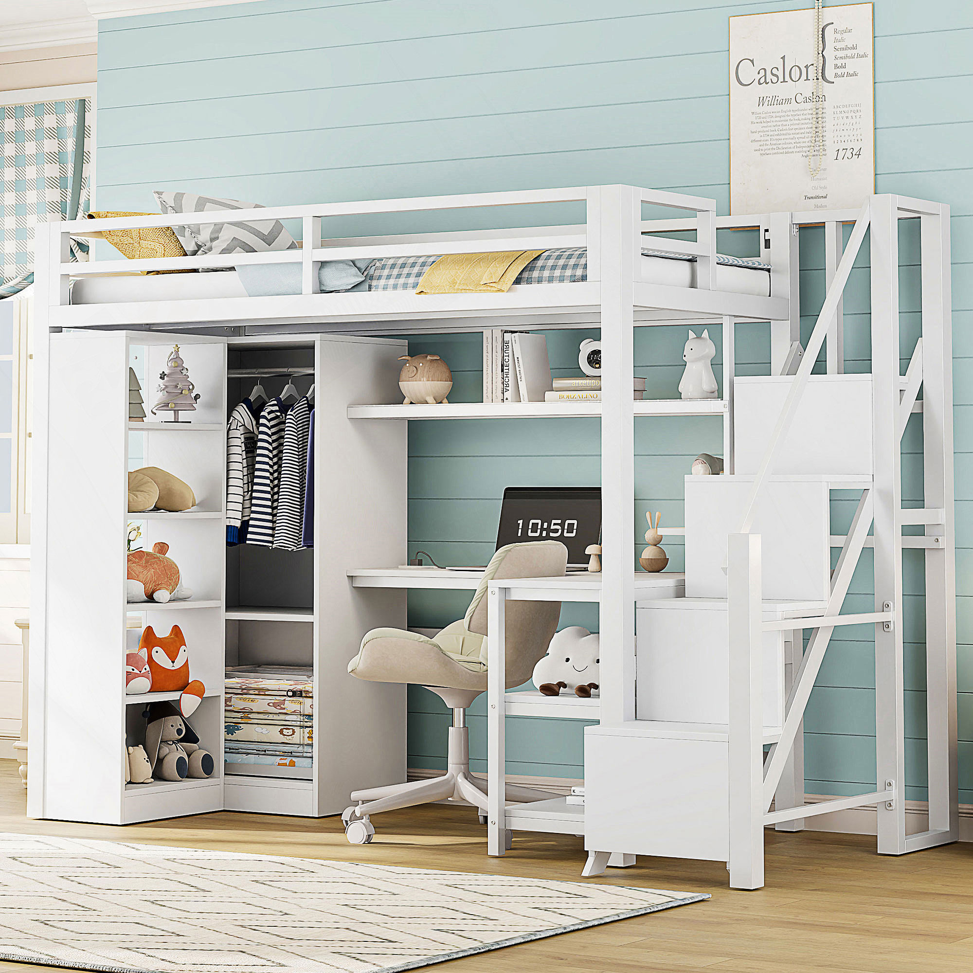 Latitude Run® Metal Twin Loft Bed With Desk, USB Ports, 5-Layer Shelf ...