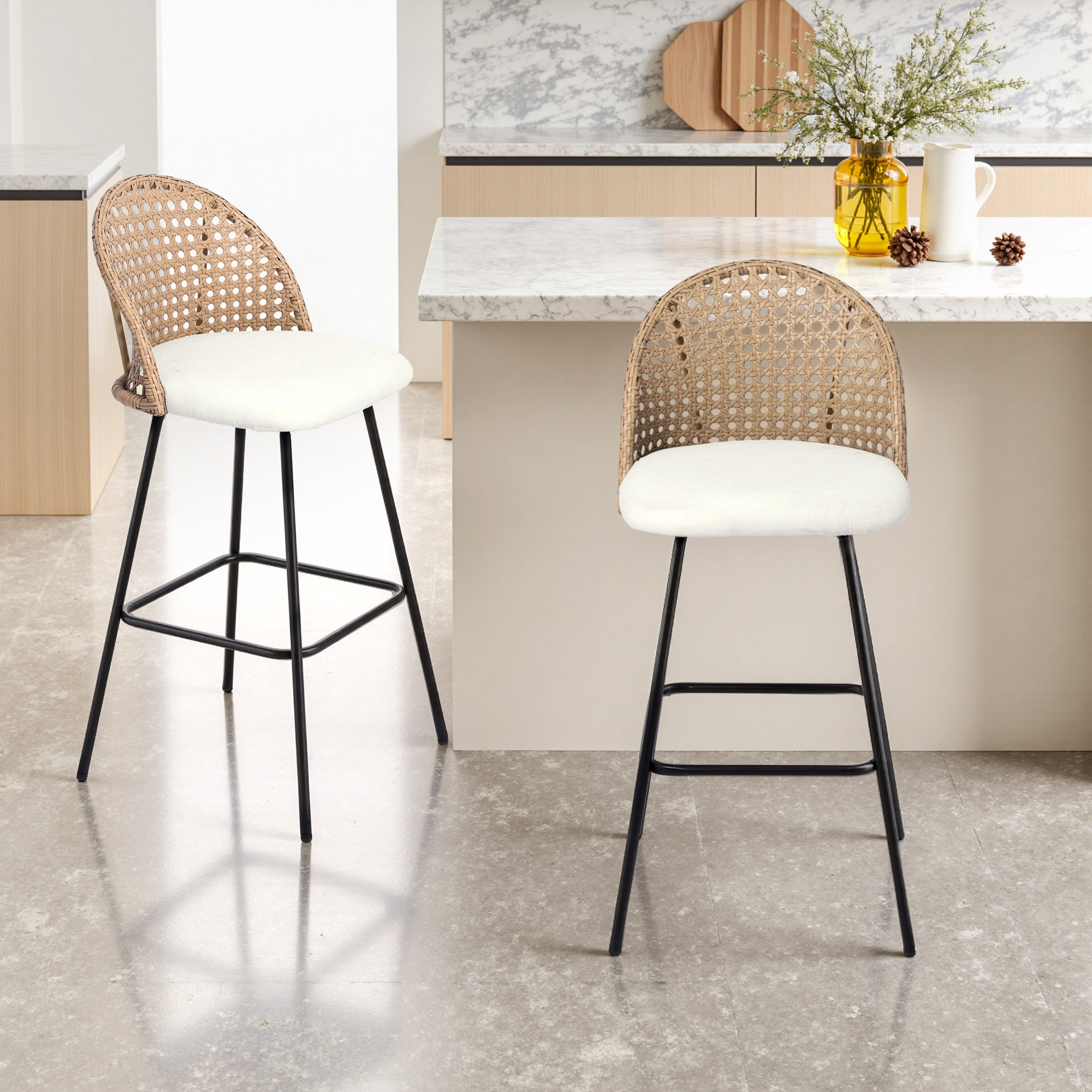Bay Isle Home™ Upholstered Rattan Full Back Counter Bar Stool & Reviews ...