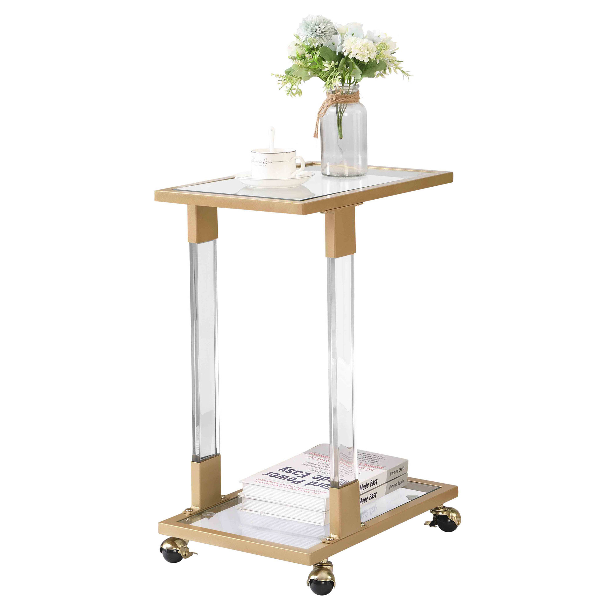 Mercer41 Versatile Glass Top C Shape Square Table With Metal Base For ...