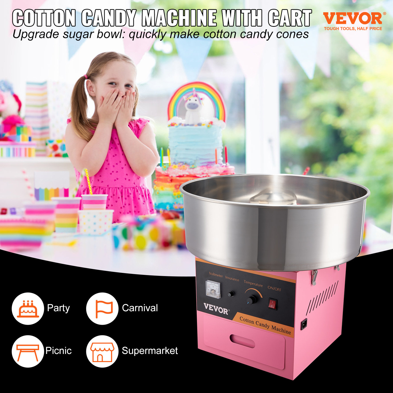 VEVOR Electric Cotton Candy Machine with Stainless Steel Bowl, Sugar ...
