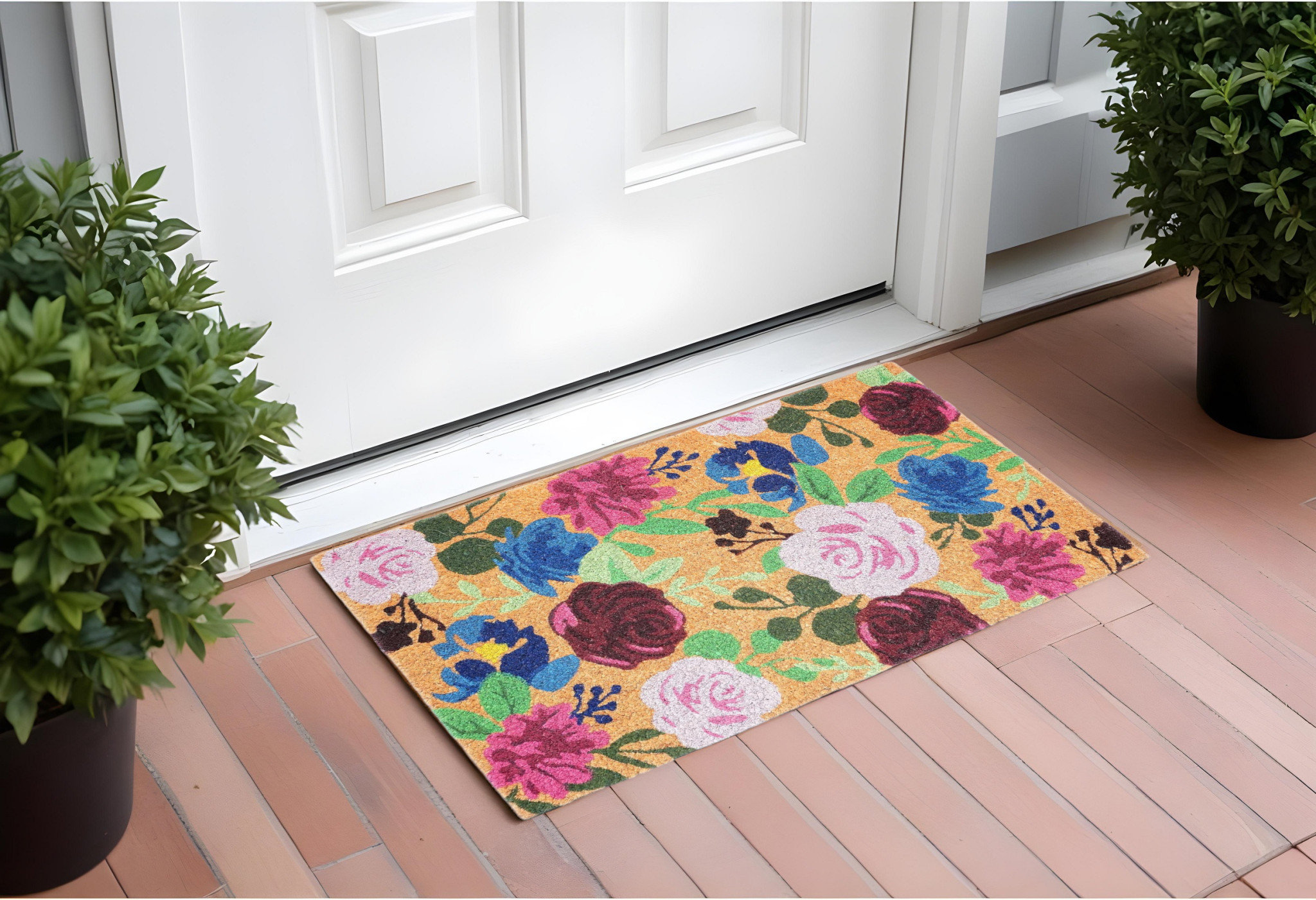 Lark Manor™ 24" X 36" Natural Pink and Green Coir Floral Outdoor Door ...