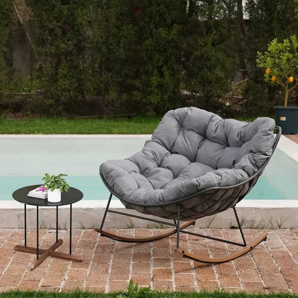 Latitude Run® Outdoor Rocking Chair E-Coated Papasan Rocking Chair With ...
