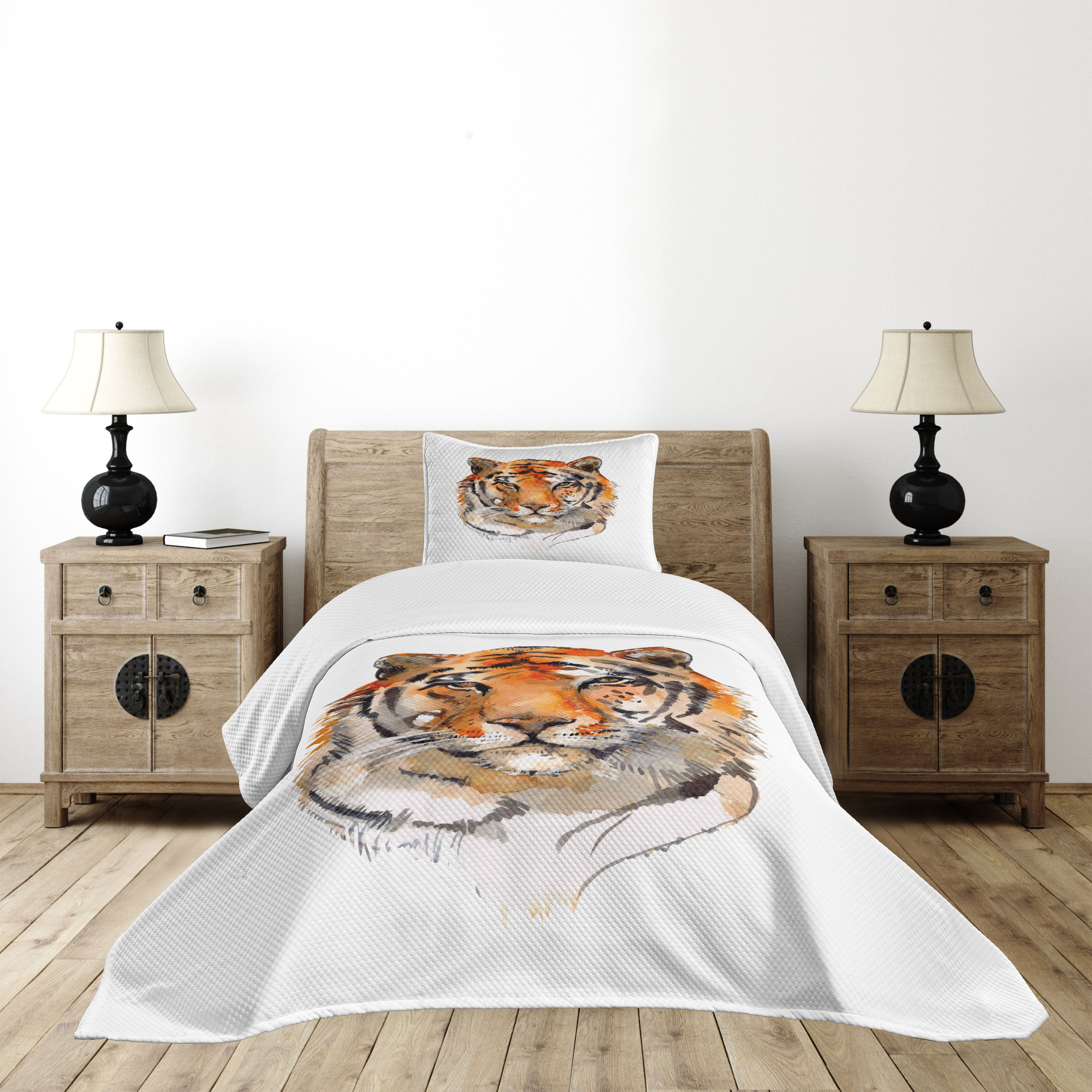 Ambesonne Tiger Bedspread Set Calm Stare Watercolor Art Orange Black ...