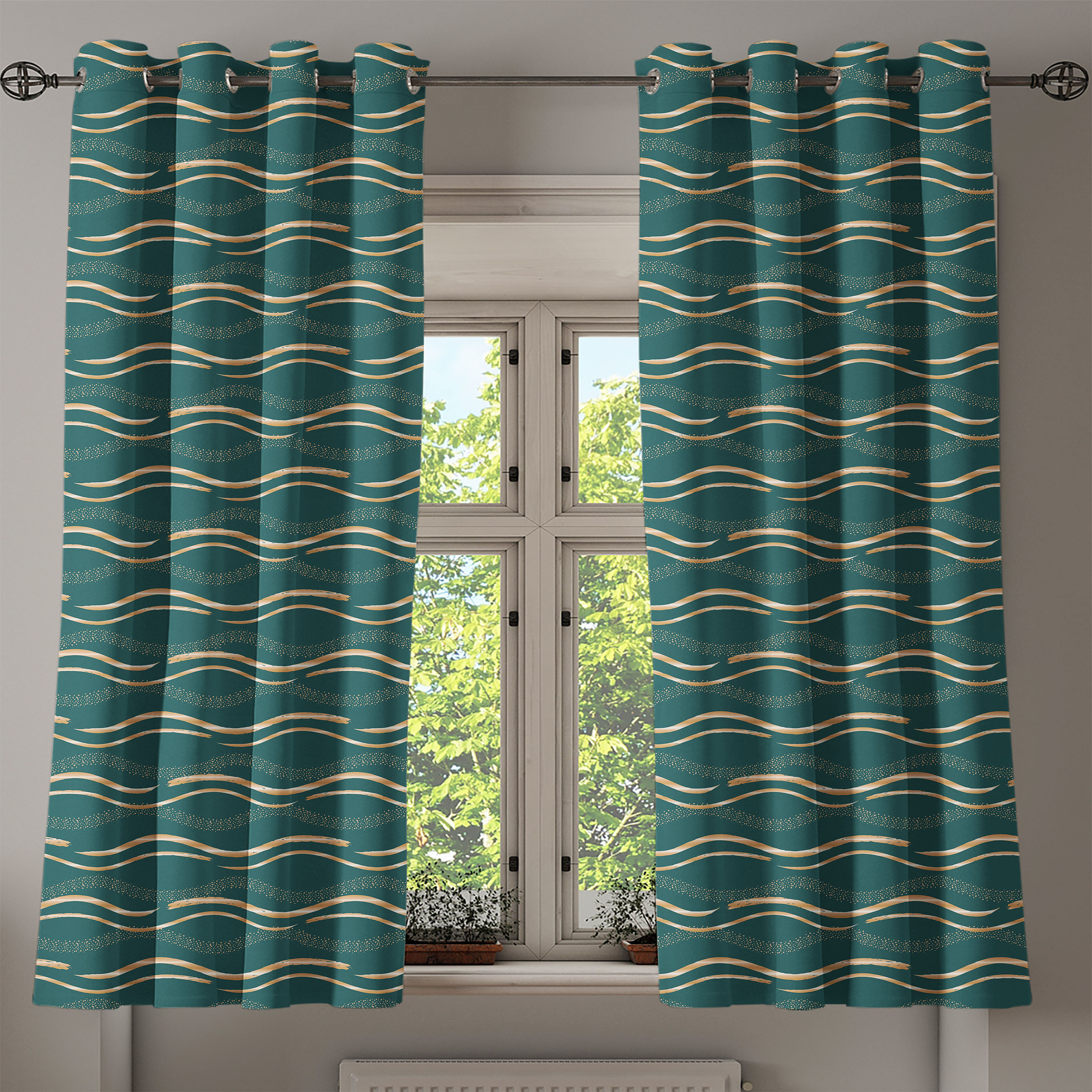 George Oliver Abstract Grommet Curtain Swirly Wave Boho Modern Teal and ...