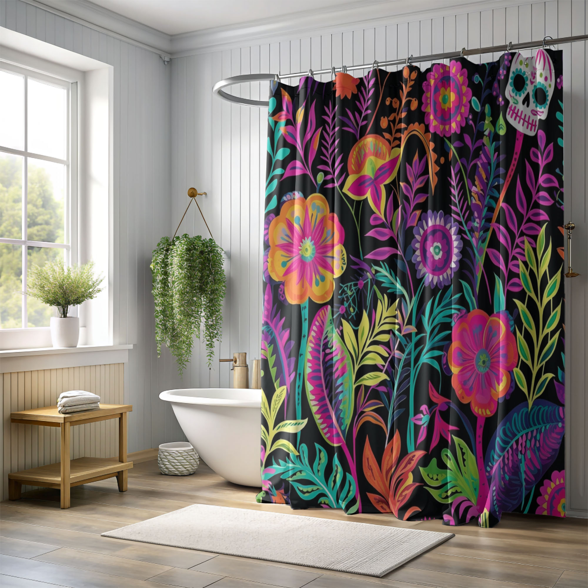 The Holiday Aisle® Festive Skull Art - 1 Piece Standard Shower Curtain ...