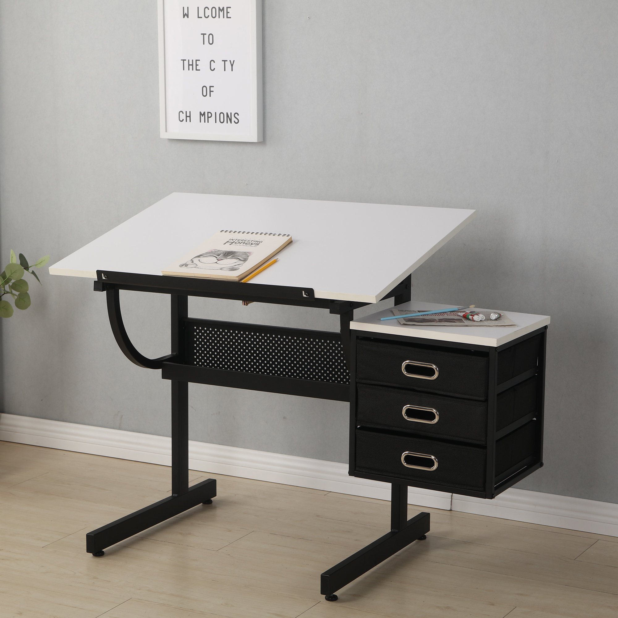 SYMYLIFE Drawing Table, Art Drafting Table With Stool And 3 Drawers ...