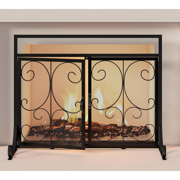 Winston Porter Large Flat Fireplace Screen With Doors Wrought Iron ...