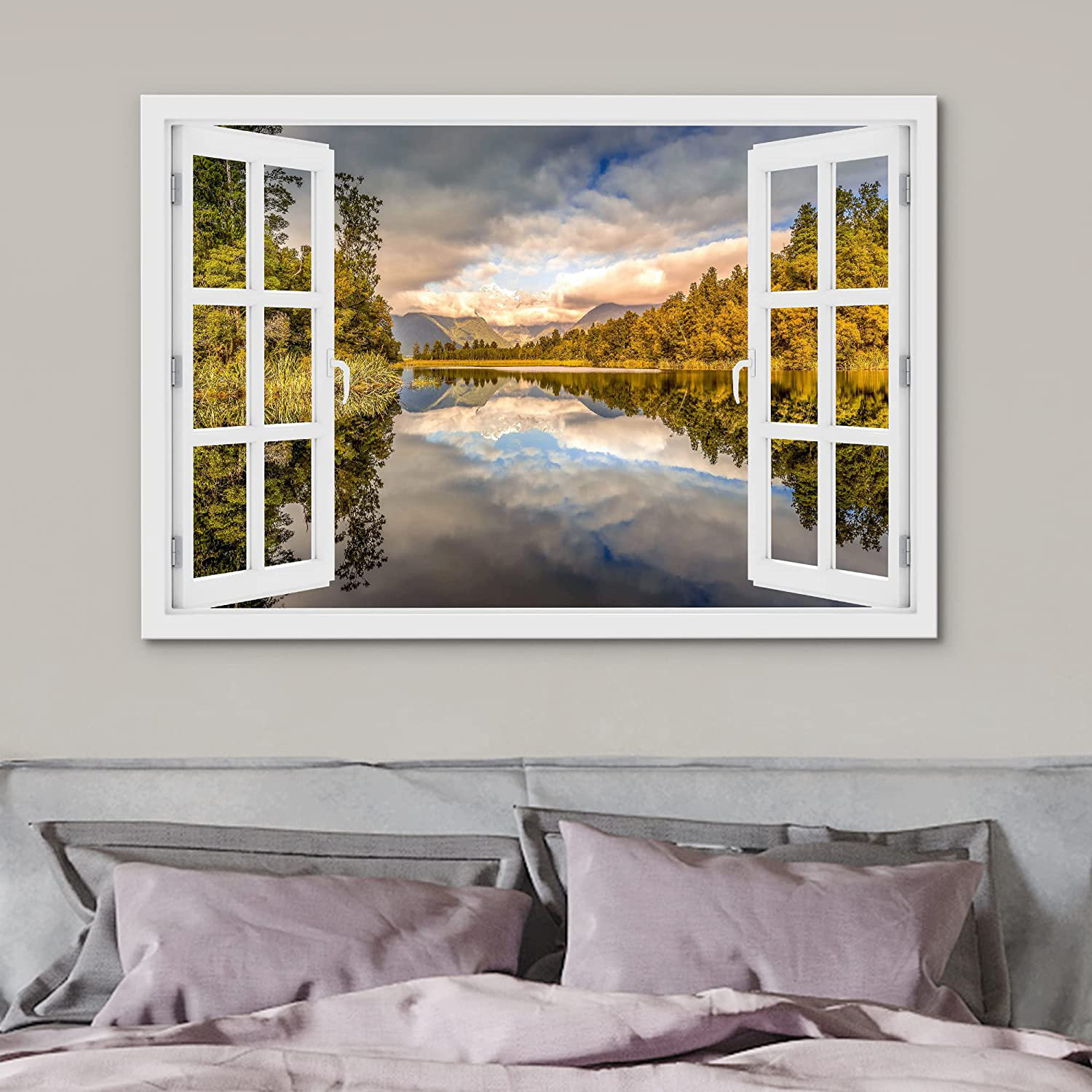 IDEA4WALL Canvas Print Wall Art Window View Sunset Forest Reflection ...