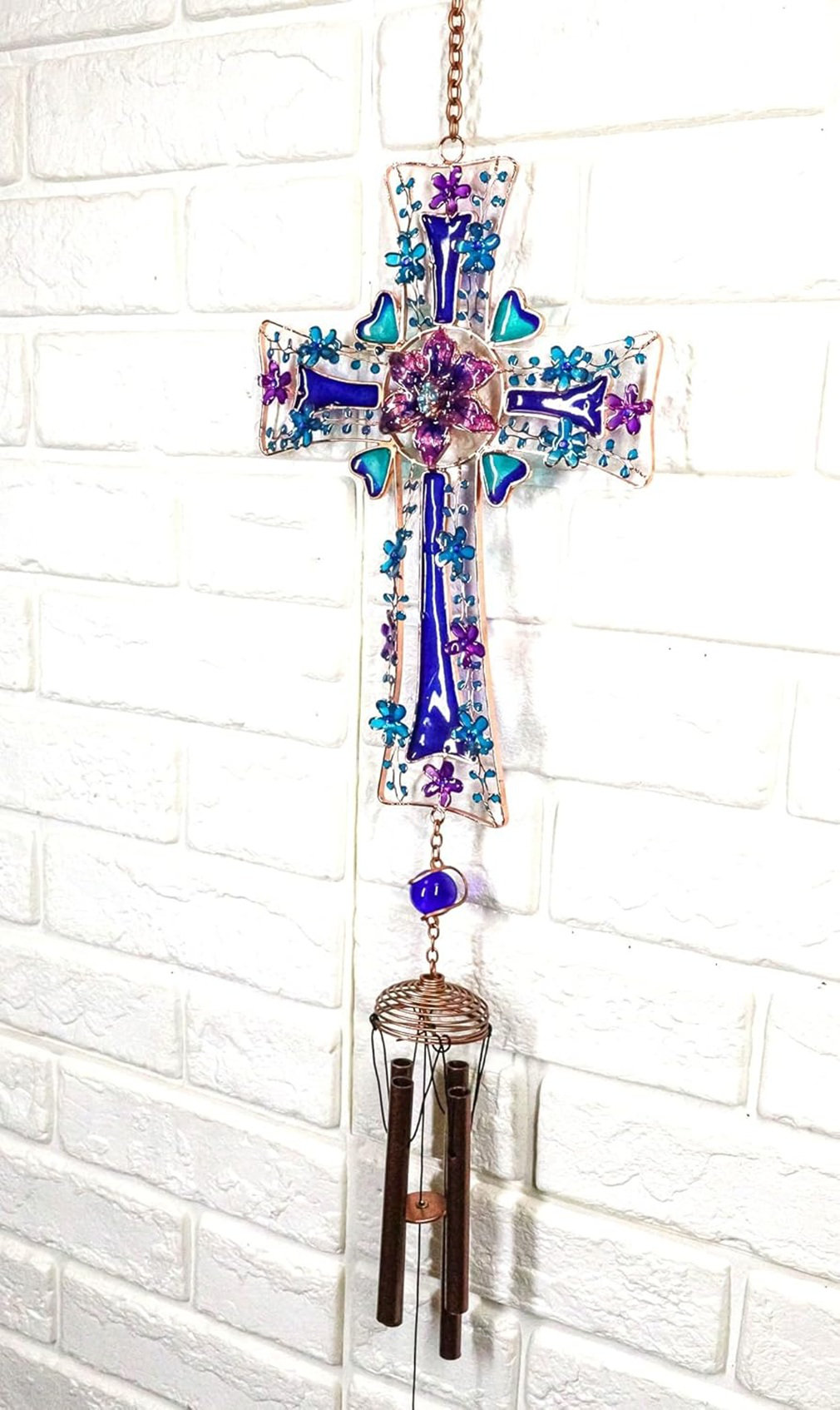 Trinx Blue Floral Aquamarine Cross With Gemstones Metal Scroll Filigree ...