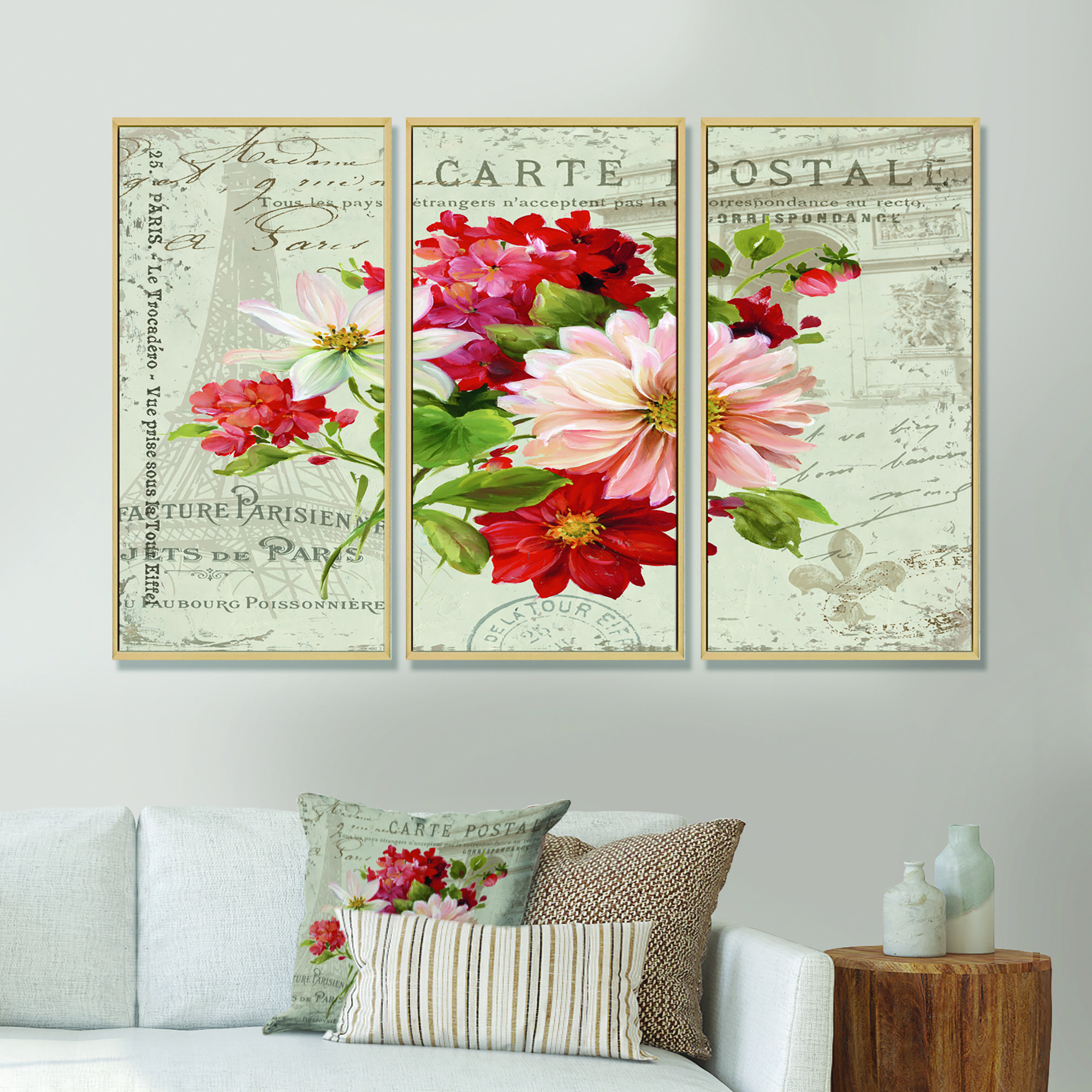 Design Art Red Painted Flowers On Vintage Postcard II - Farmhouse ...