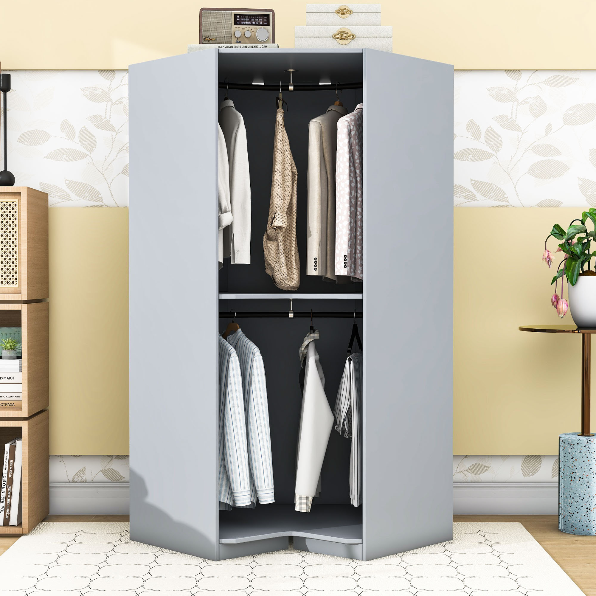 Ebern Designs Corner Wardrobe with Clothing Rod and Shelves for Saving ...