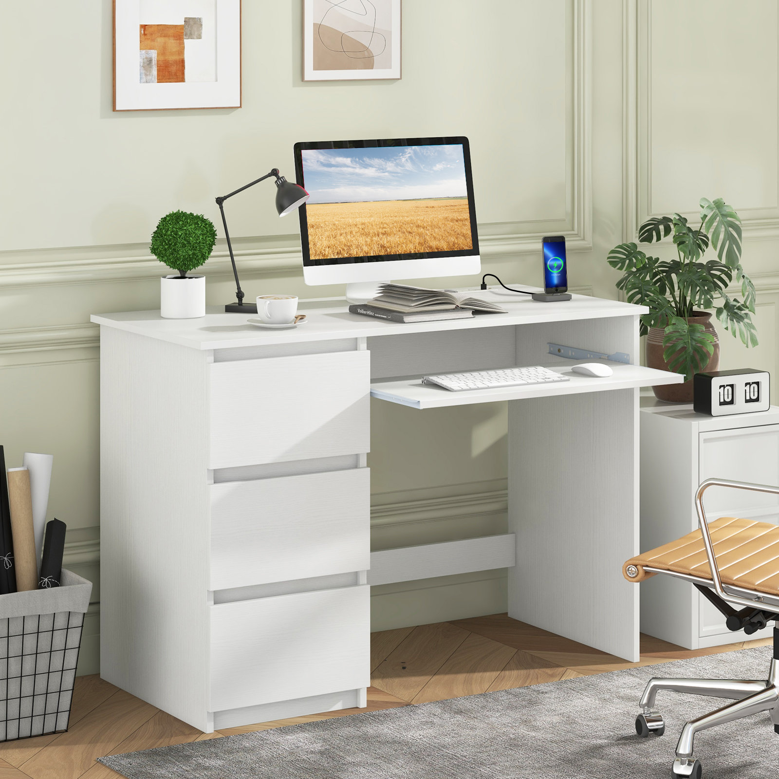 Latitude Run® Computer Desk With Power Outlet Keyboard Tray & 3 Large ...