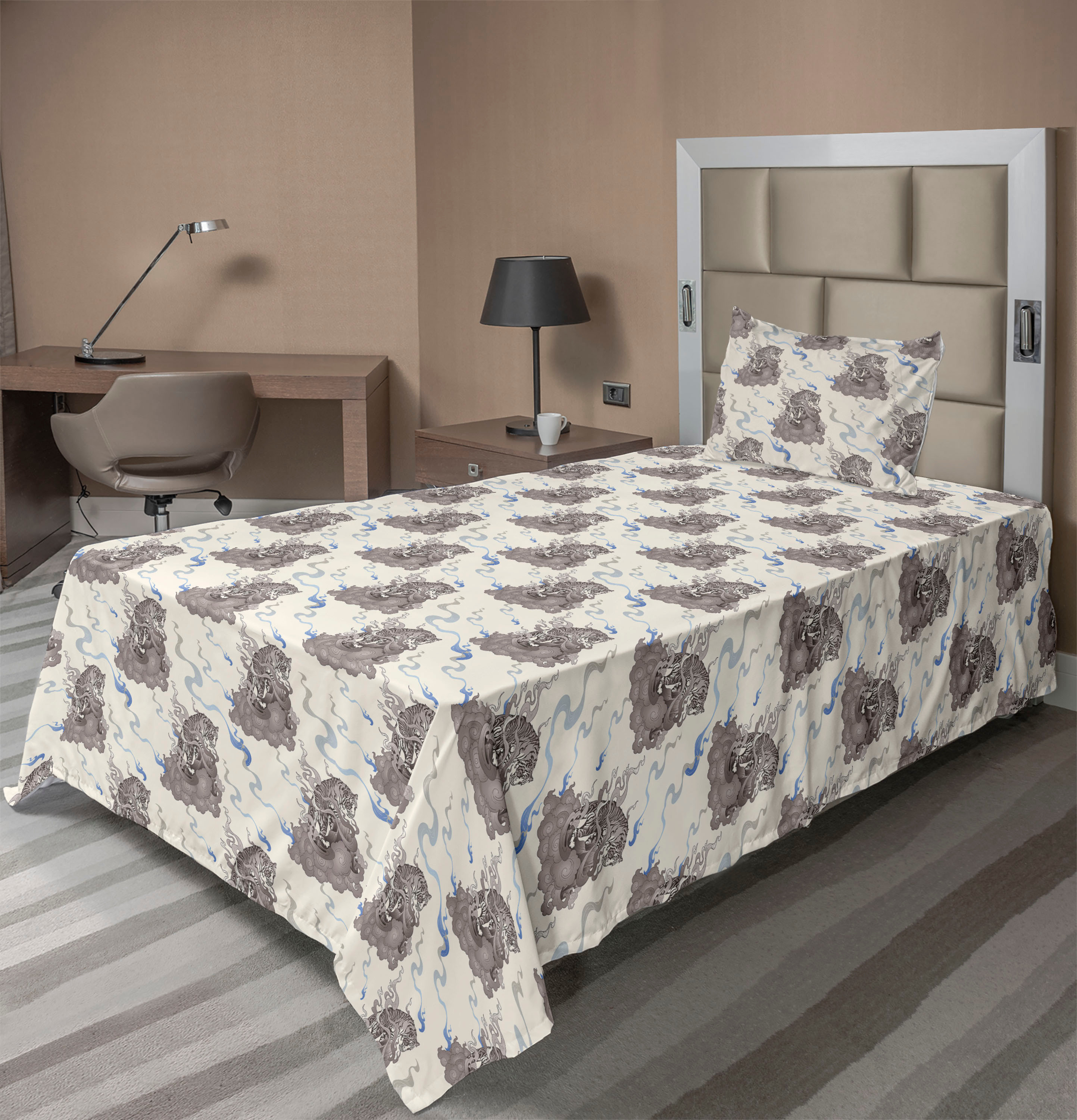 Ambesonne Japanese Sheet Set Asian Tiger Clouds Pattern Ivory Cocoa and ...