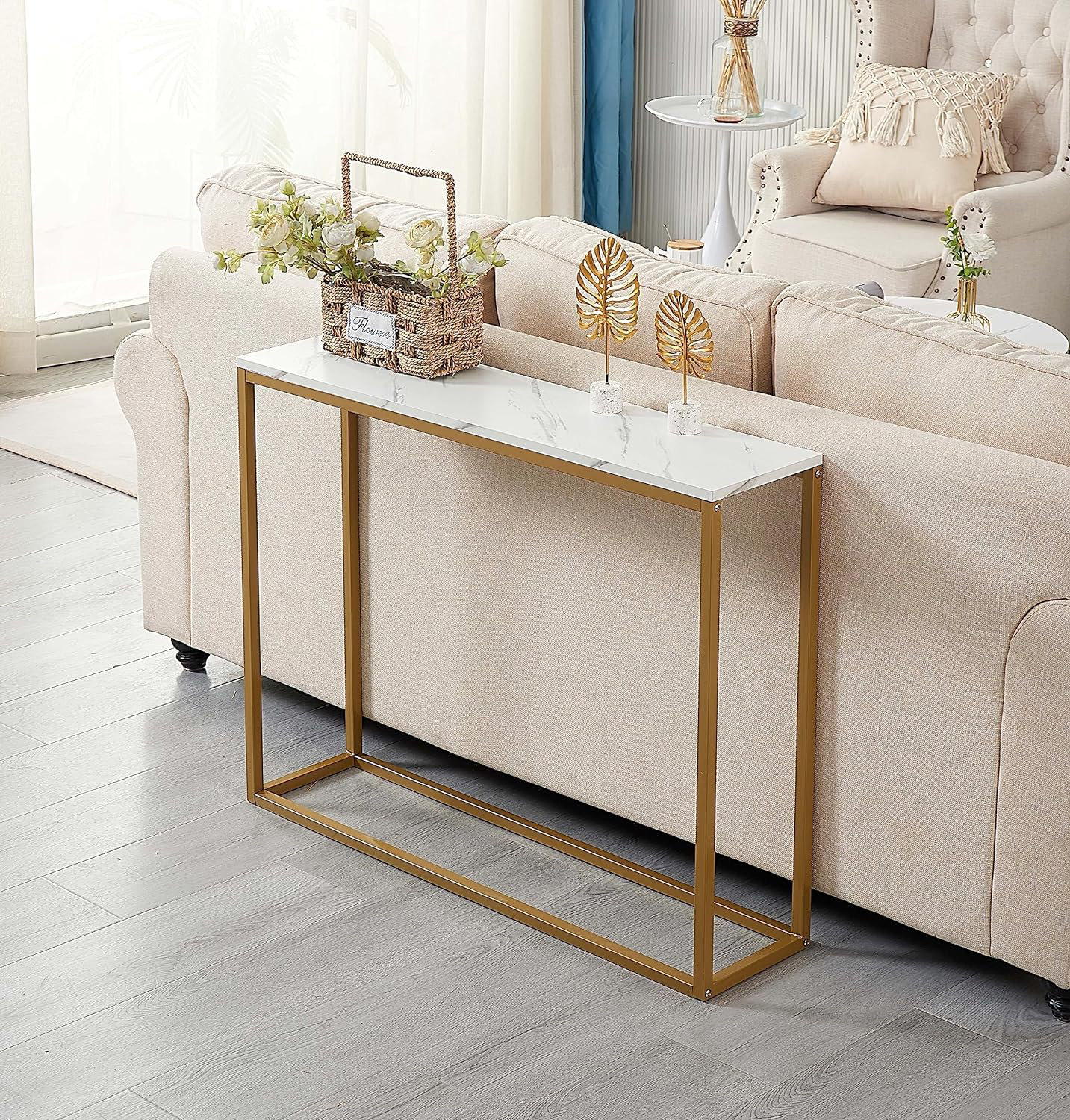 Mercer41 Modern Console Table For Entryway, MDF Faux Marble Sofa Table With Golden Metal Frame ...