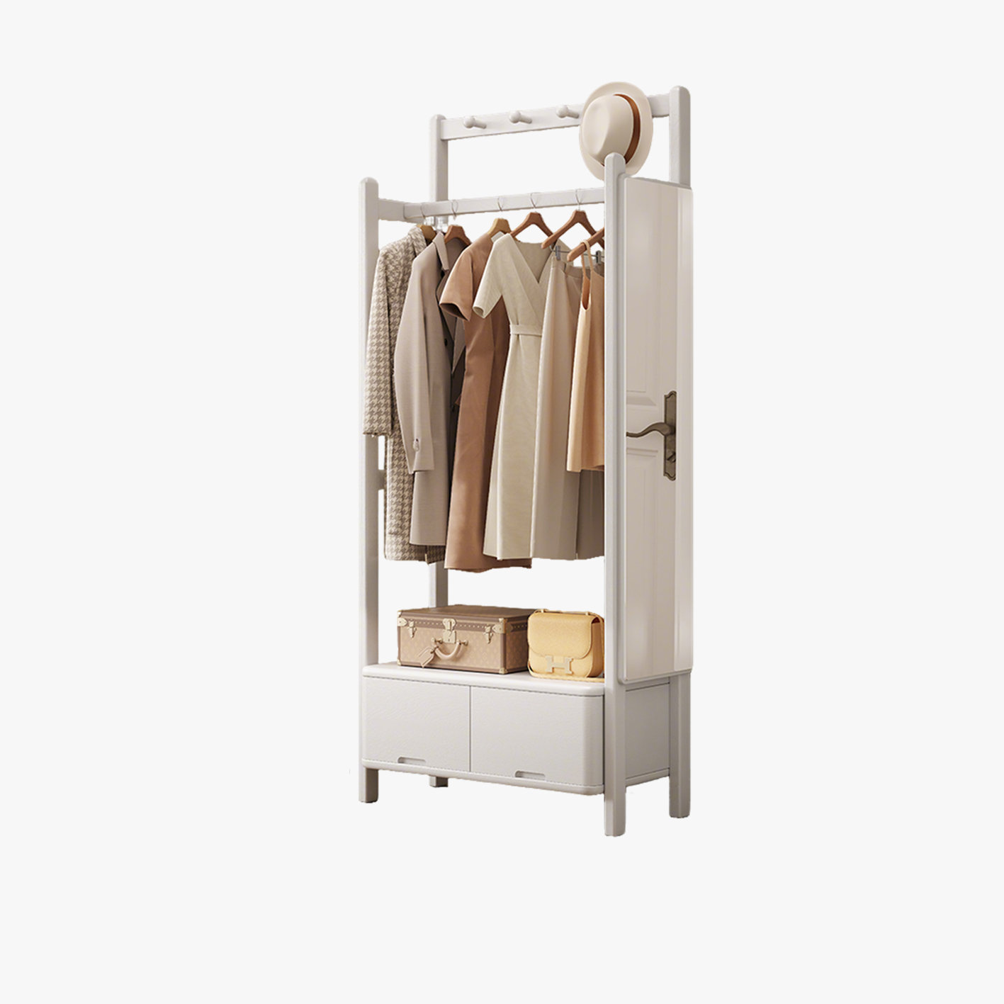 Brass Foam White Solid Wood Clothes Rack With HD Mirror,2-drawer | Wayfair