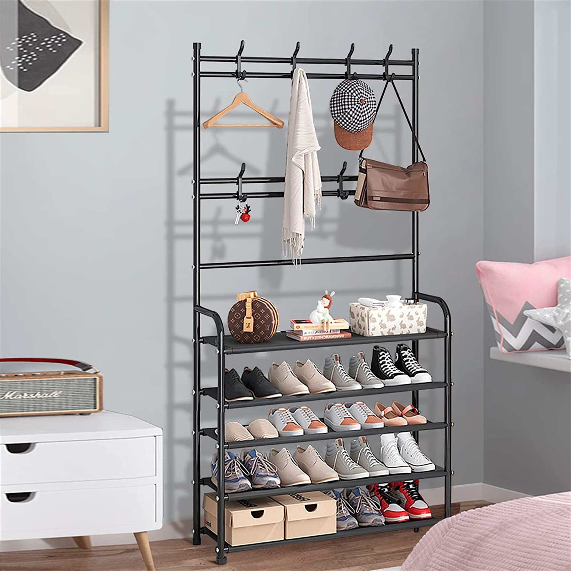 Rebrilliant Entryway Shoe Rack With Coat Rack 5 Tier Shoe Stand ...