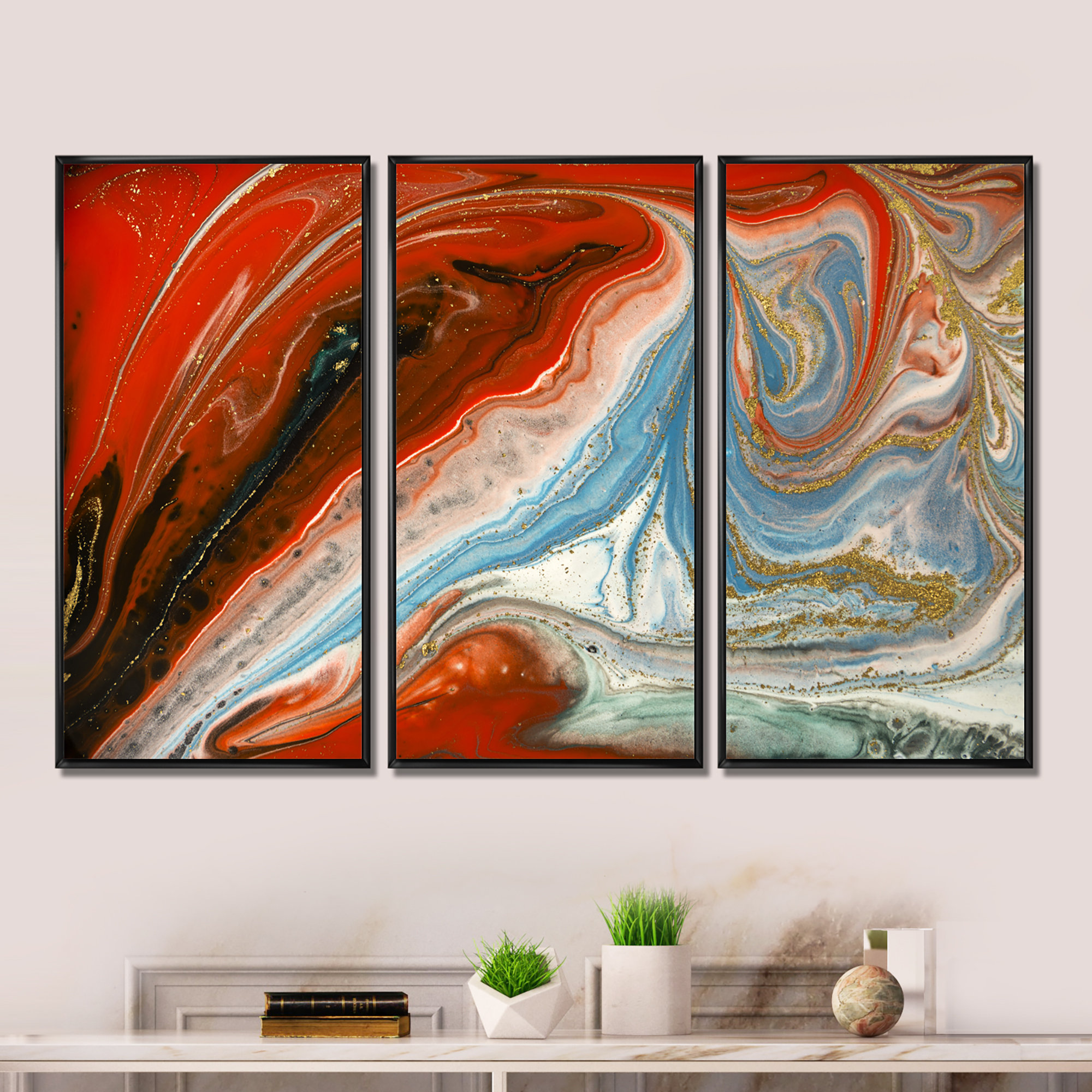 Design Art Red Gold And Blue Marble - Glam Framed Canvas Wall Art Set ...