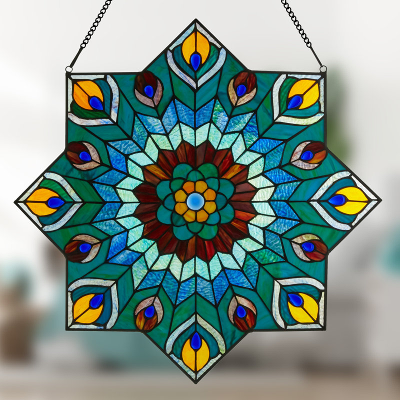Fleur De Lis Living 24"H Tiffany Style Stained Glass Peacock Star ...