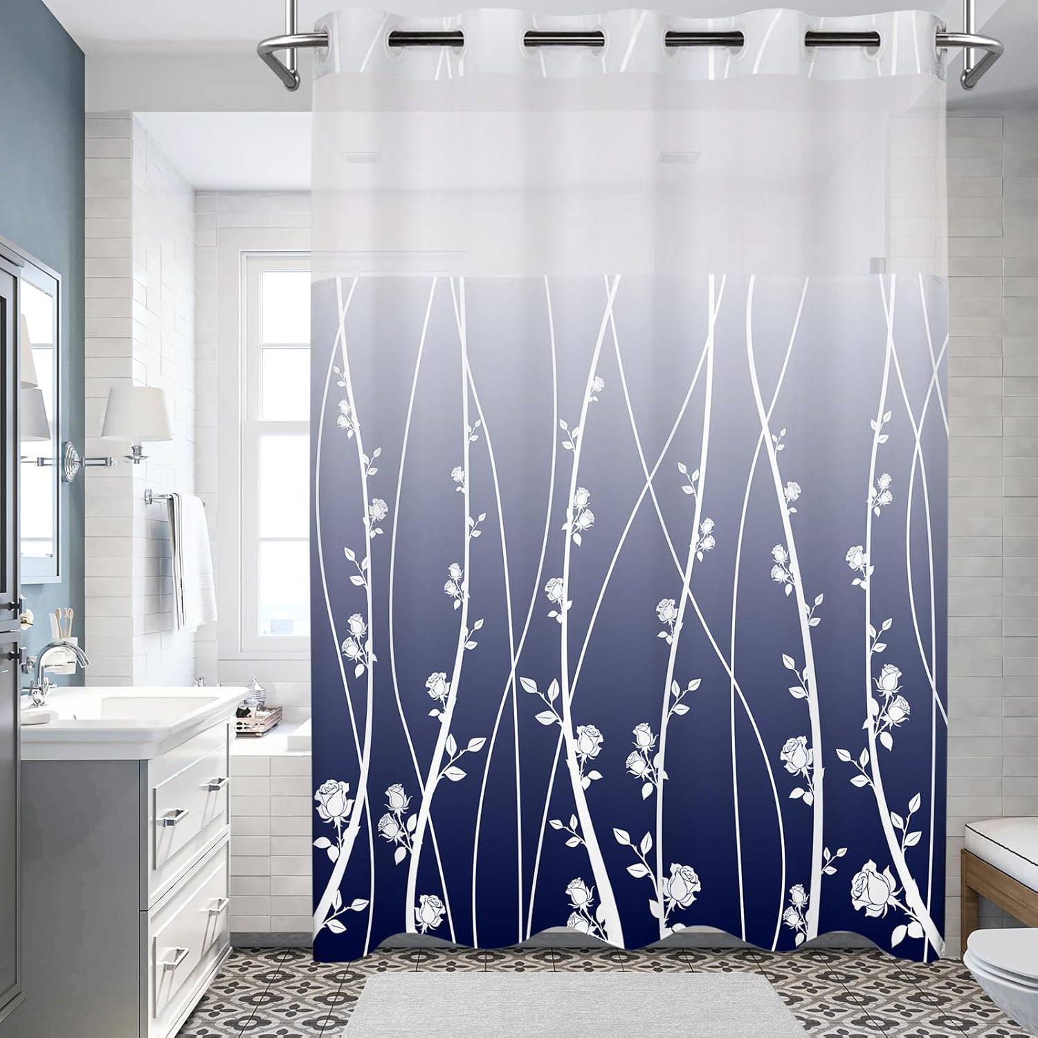 East Urban Home No Hook Shower Curtain Whith Snap In Liner Set, Blue Ombre Floral Striped Fabric ...