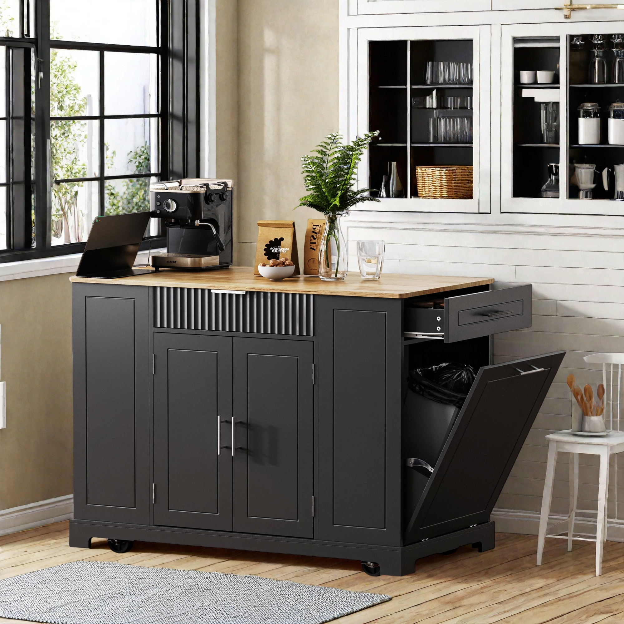 Latitude Run® Fluted Kitchen Island With Tilt-out Trash Can, Power ...