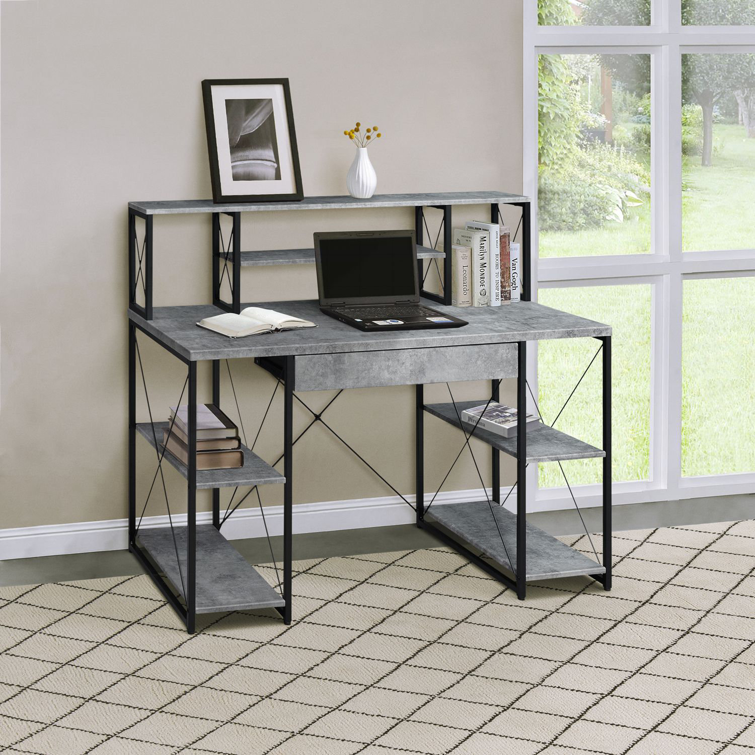 Ivy Bronx Modern White and Black Office Desk with Open Shelves and Hutch, Perfect for Organized ...