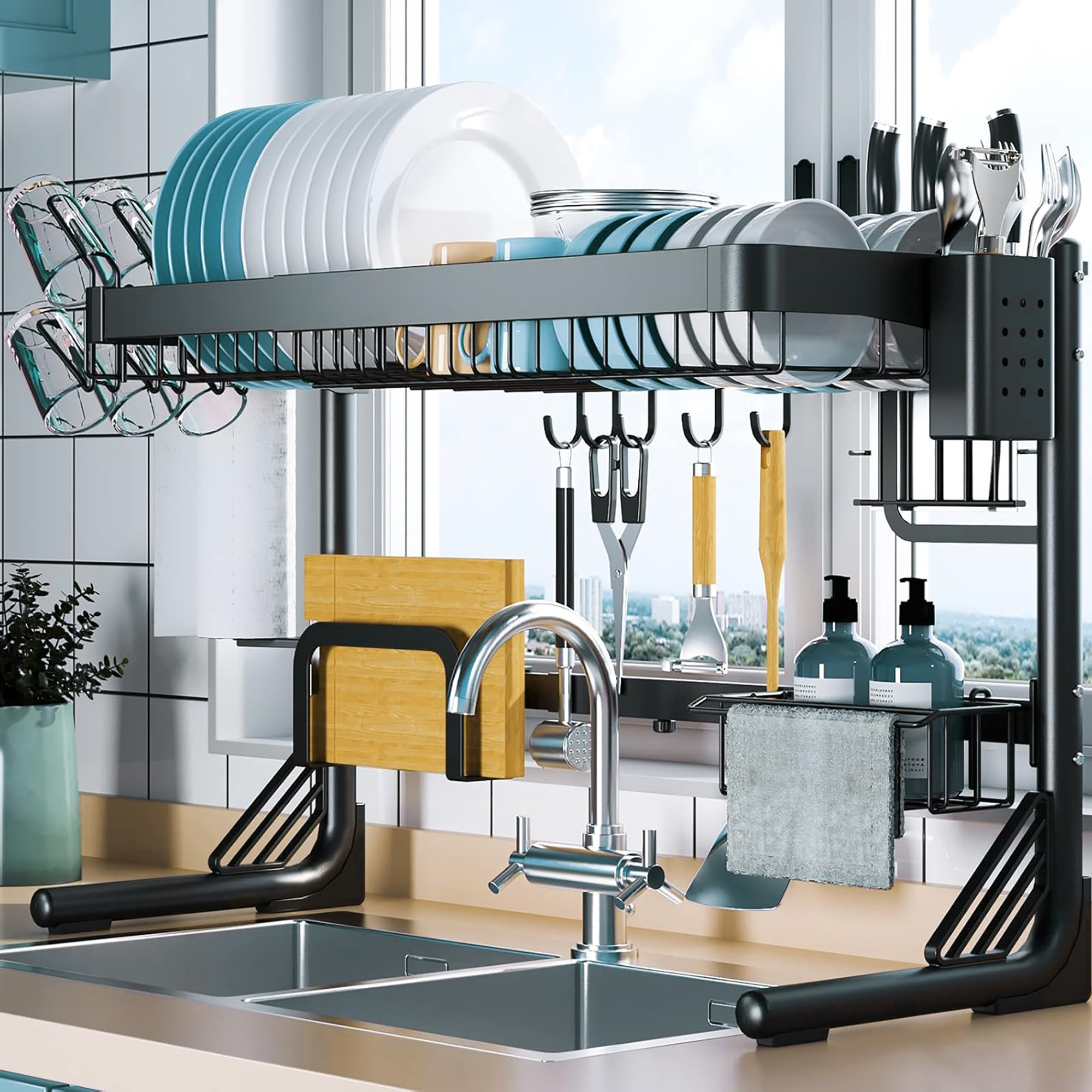 LGHM 2 Tier Expandable Stainless Steel Over Sink Dish Rack, Adjustable ...