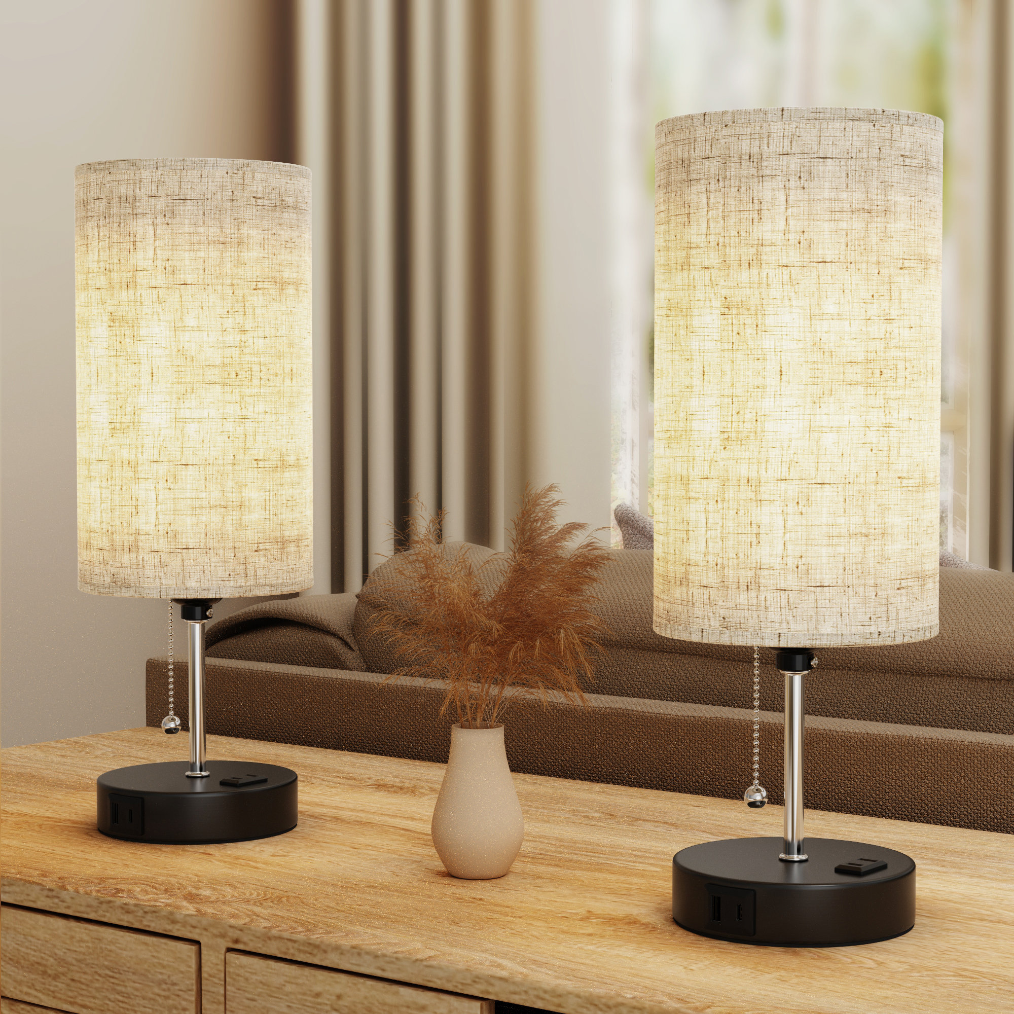 Mercer41 Table Lamp with USB A&C Port and Built-in Outlet, Pull Chain ...