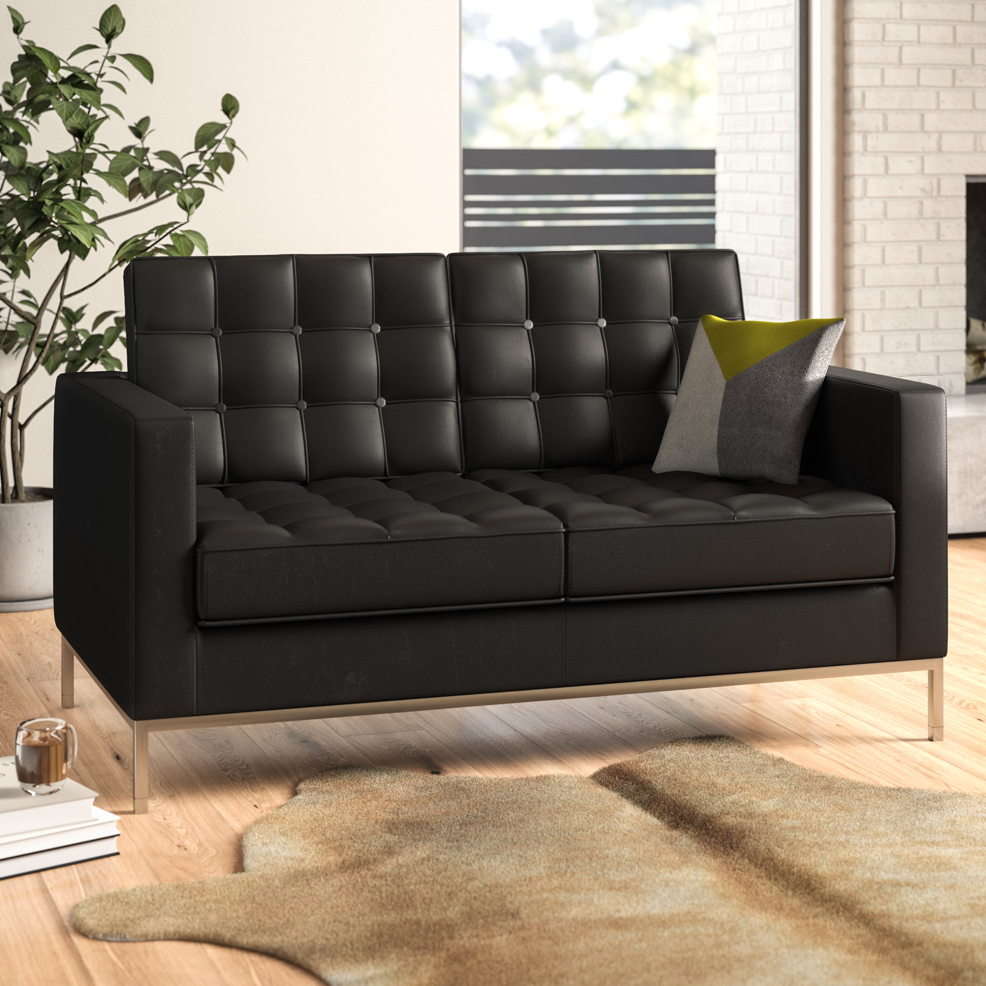 Wade Logan Amjed Contemporary Button Tufted Leather Loveseat w/ Steel ...