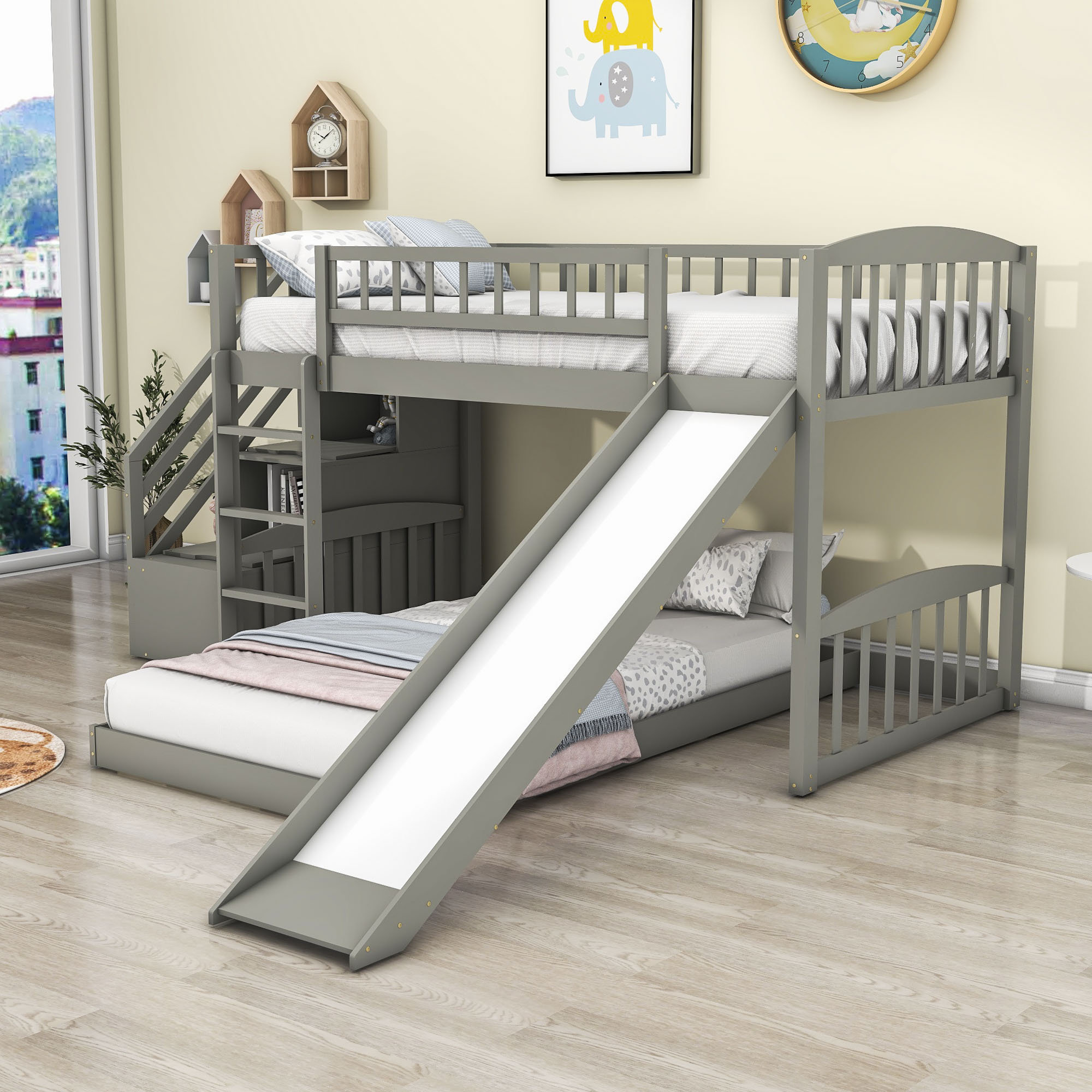 Harriet Bee Ilaina Kids Twin over Twin Wood Bunk Bed with Slide ...