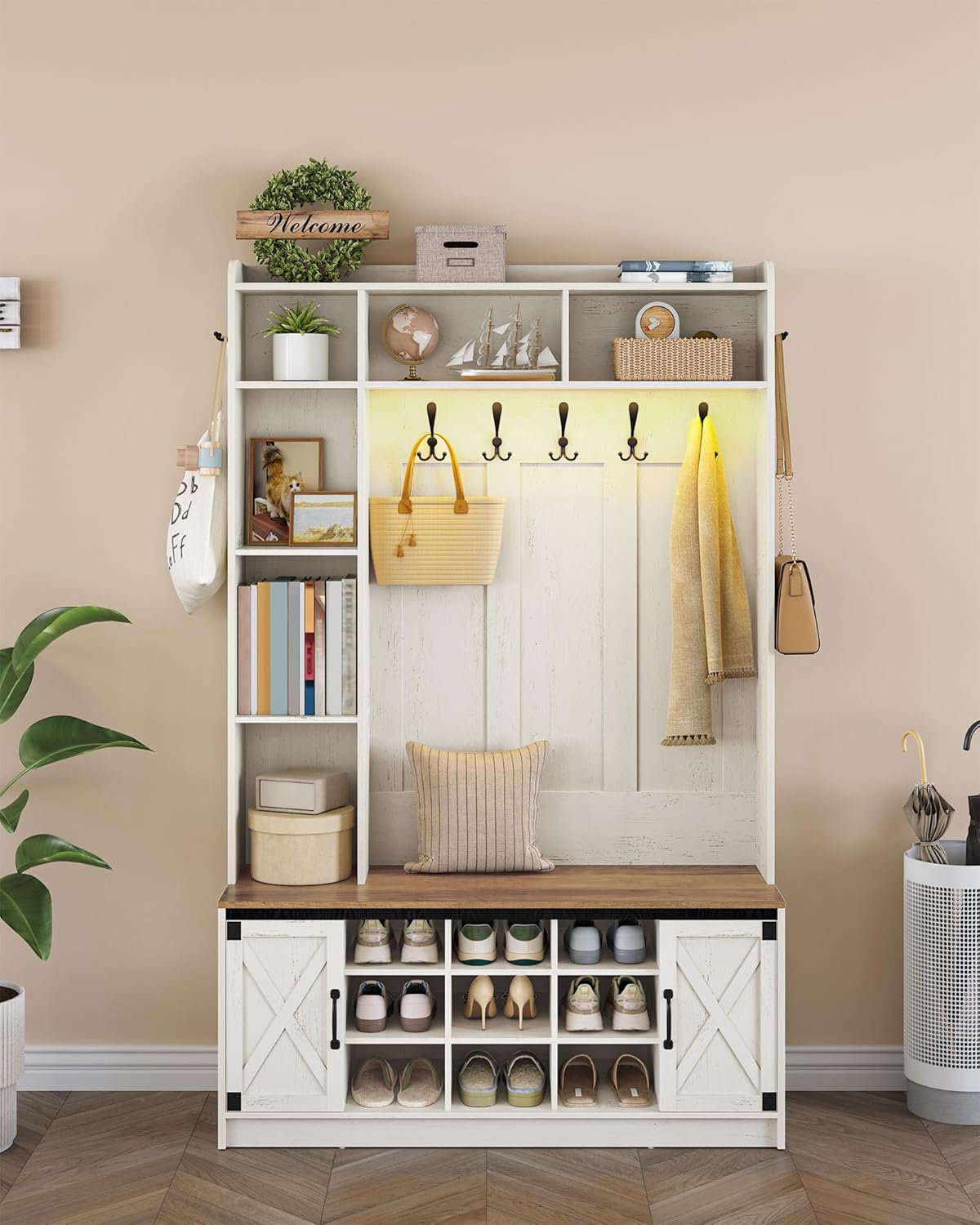 Gracie Oaks 47.2" Hall Tree, LED Farmhouse Entryway Storage and Coat ...