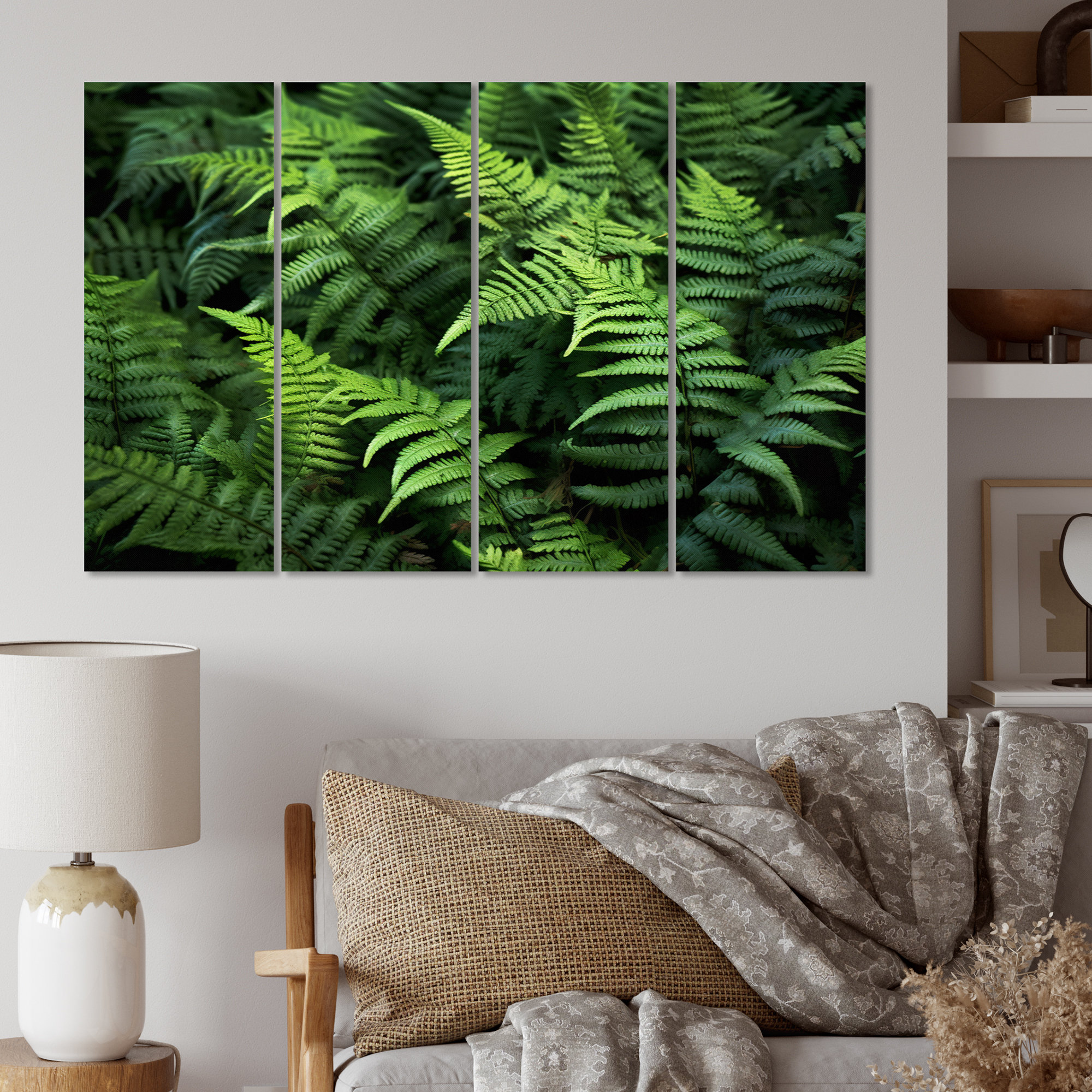 Design Art Green Fern Scenery I - Floral Wall Art Print - 4 Panels ...