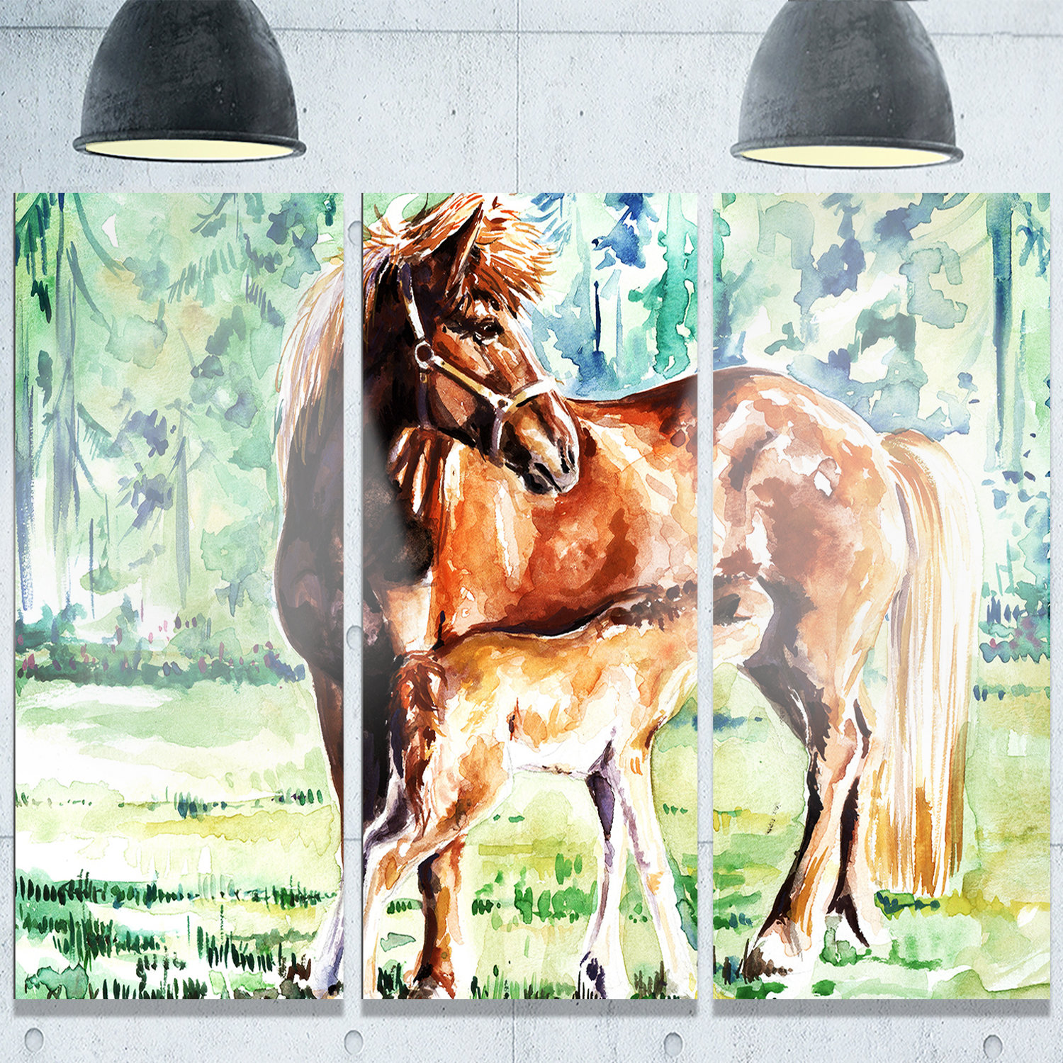 Design Art 'Mare and Foal Watercolor' 3 Piece Painting Print on Metal ...
