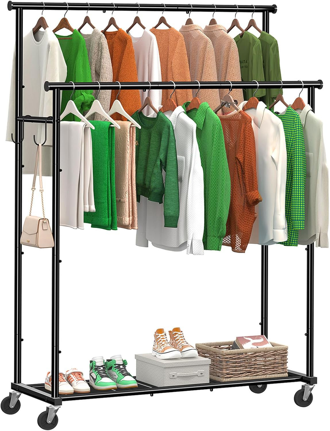 Rebrilliant Double Rod Clothing Garment Rack On Wheels,With Mesh Bottom ...