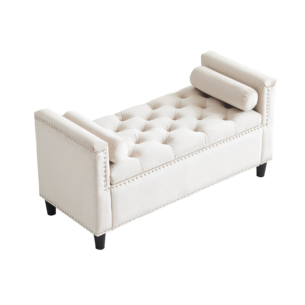 Everly Quinn Velvet Button Bedside Bench with Armrests and Nailhead ...