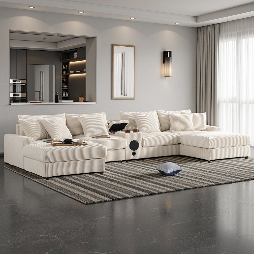 Time Apparel 144" U-Shaped Sectional Sofa with Bluetooth Speakers ...
