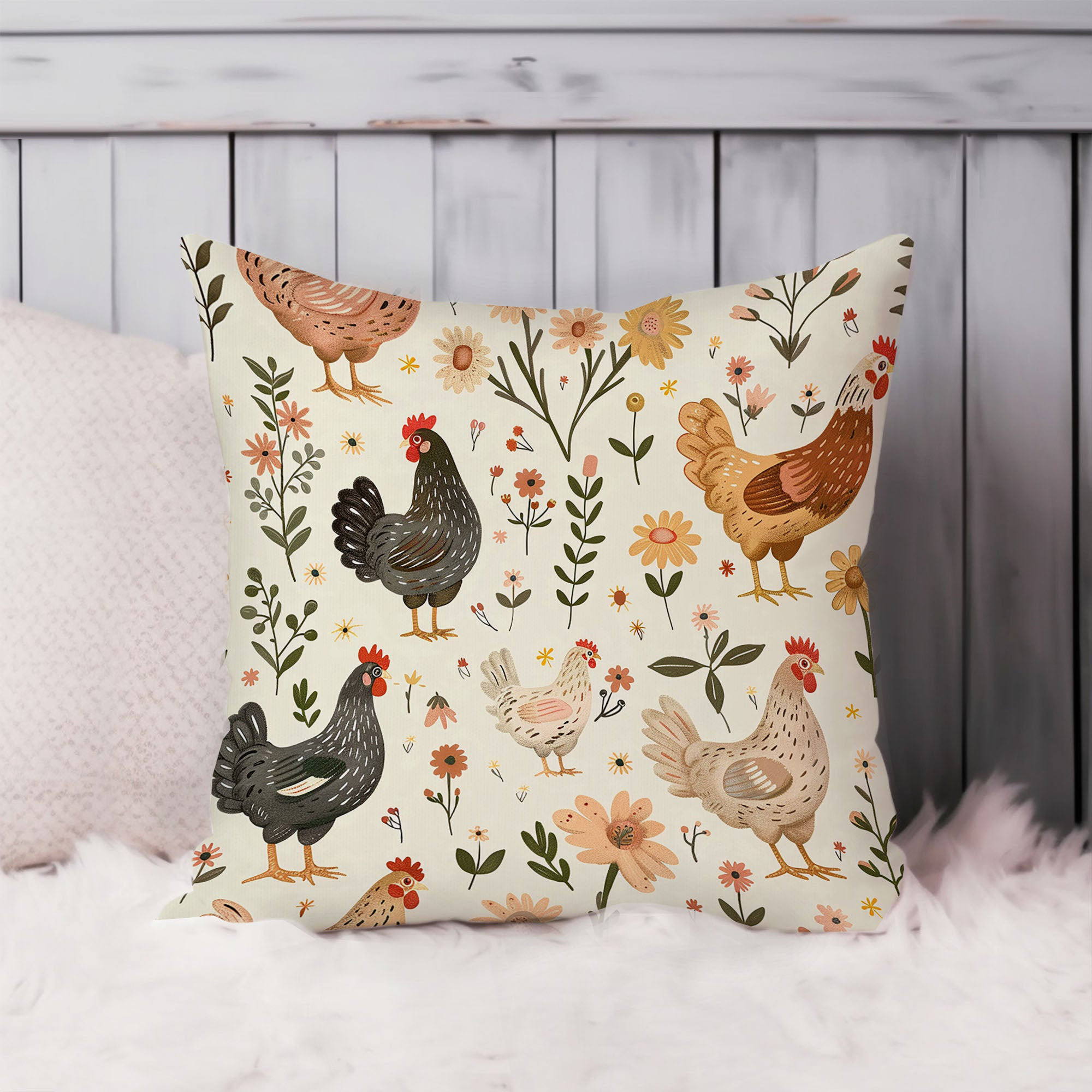Ethan Taylor Animals Rustic Farmhouse Chickens Pattern VIII Farm Animals Chicken Pillow Cover ...