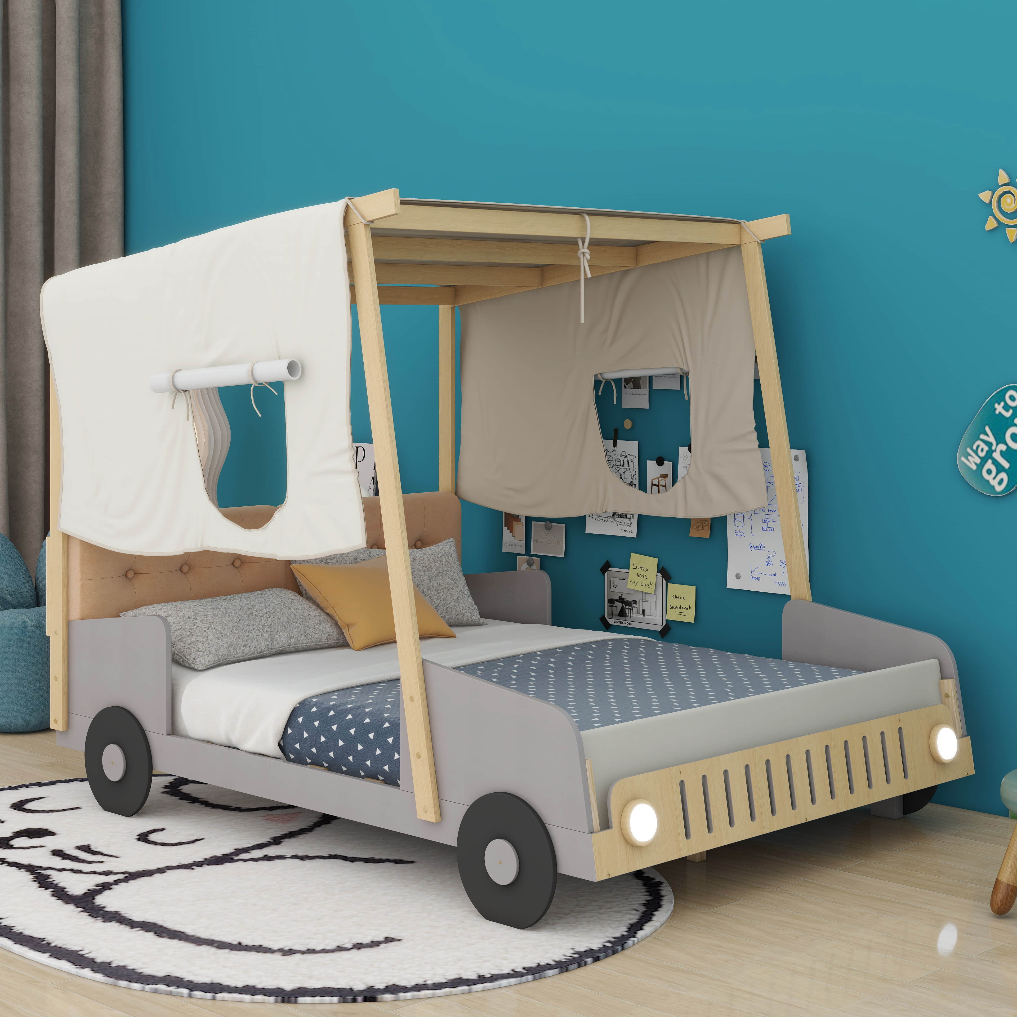 Harriet Bee Jahleel Wood Car Bed with Pillow, Ceiling Cloth and LED ...