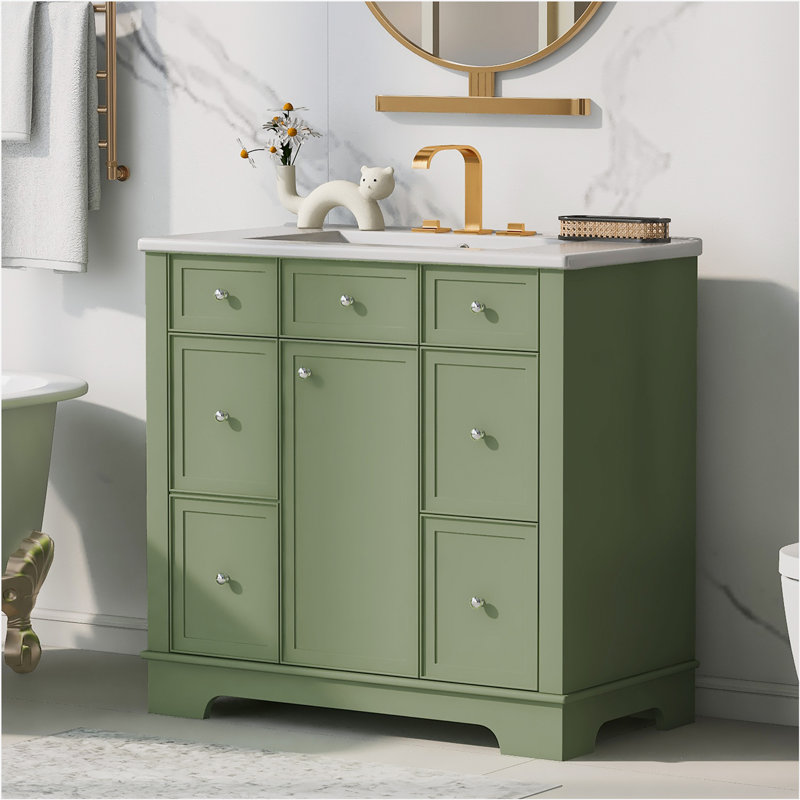 Winston Porter 36" Green Bathroom Vanity with Three Drawers | Wayfair