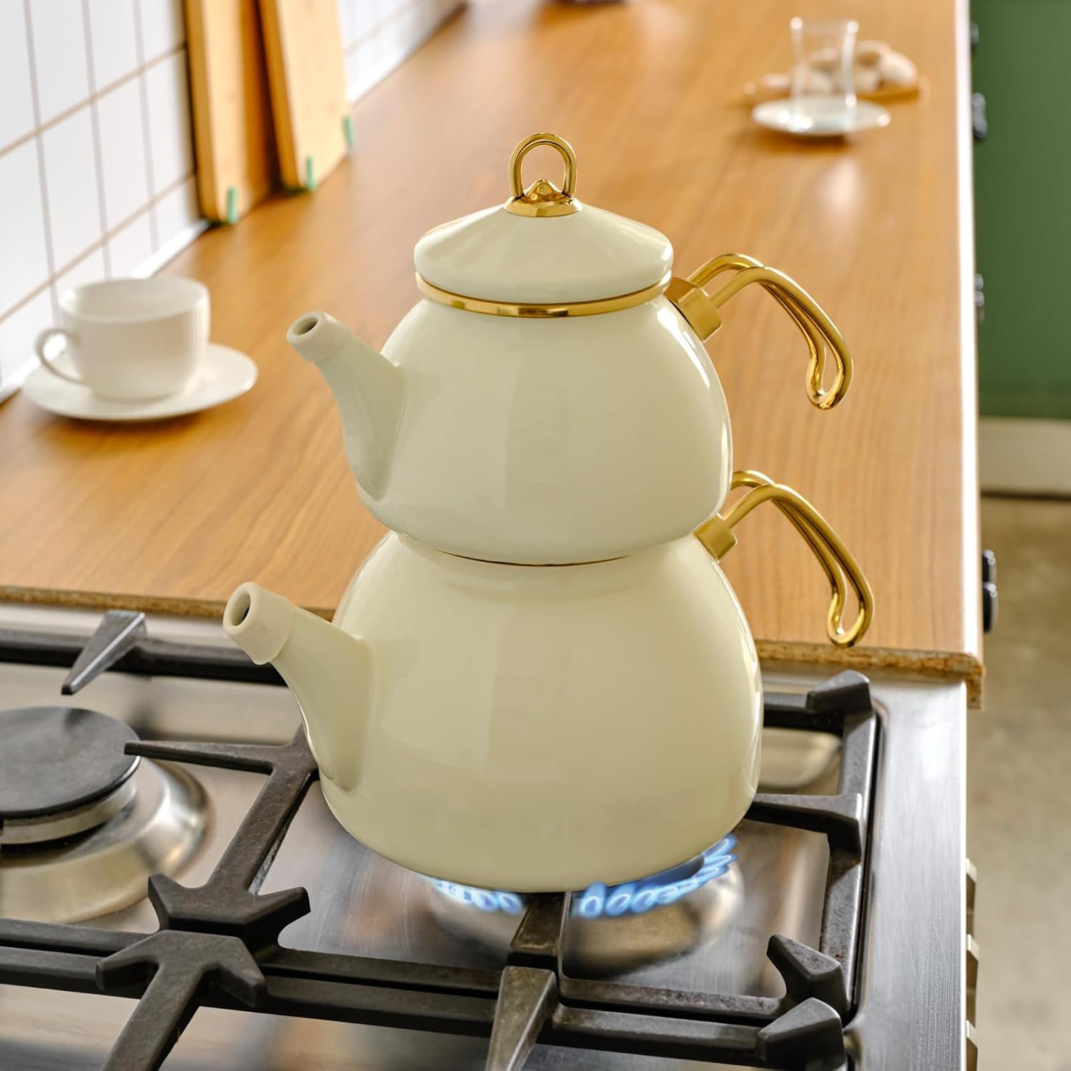 House of Hampton Retro Teapot Set Cream, Enamel, Teapot/Lid (1.1 Lt, 2. ...